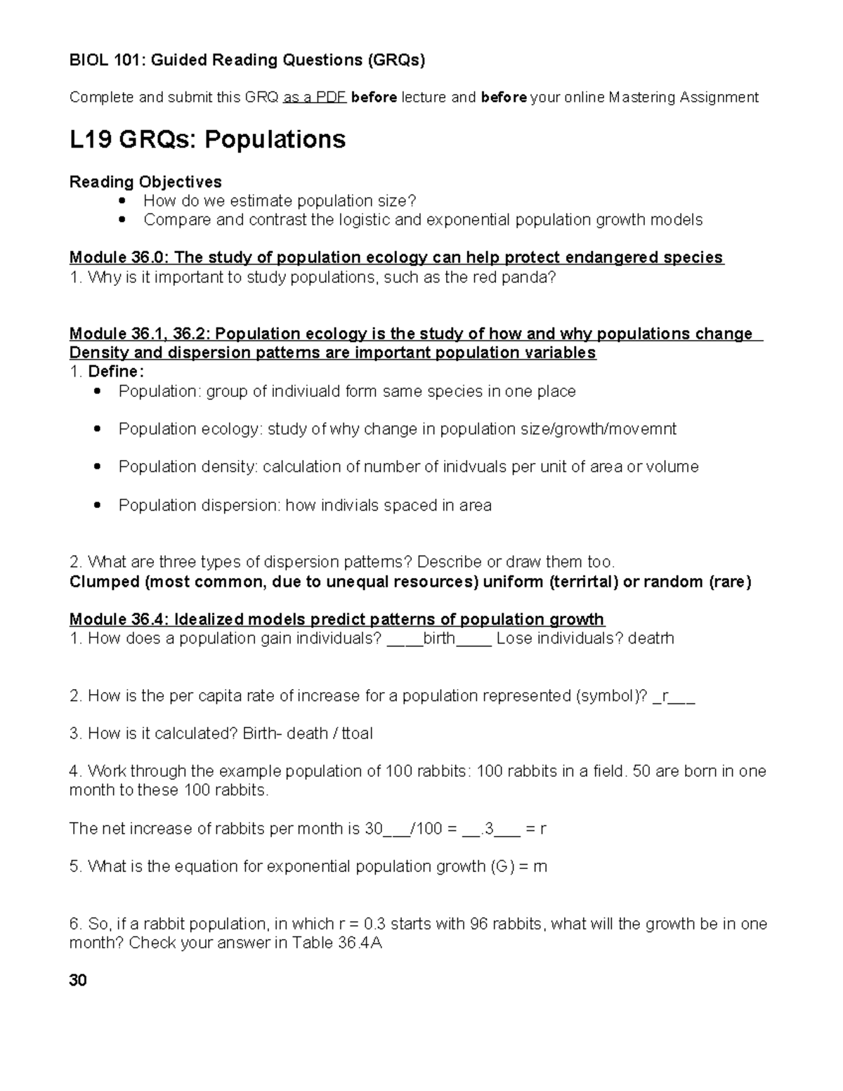 Lesson 19 GRQs Populations - BIOL 101: Guided Reading Questions (GRQs ...