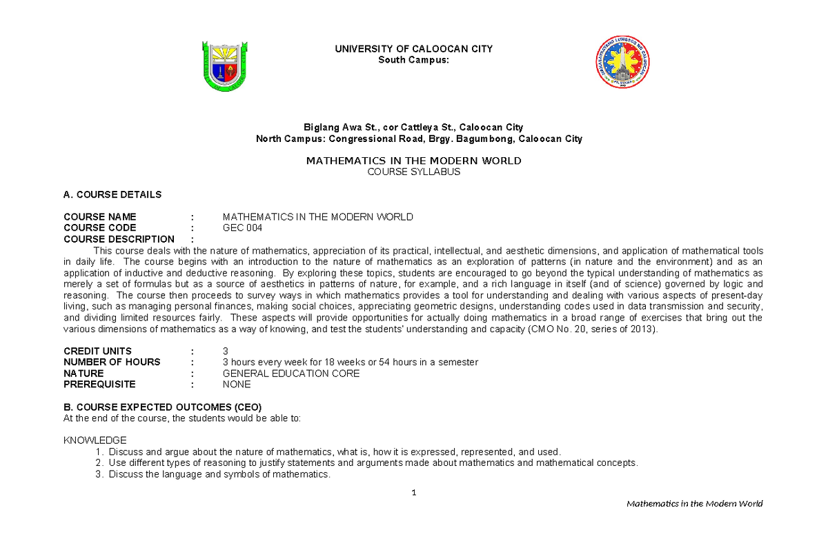 GEC-004-CBA Syllabus-3 - UNIVERSITY OF CALOOCAN CITY South Campus: Biglang Awa St., cor Cattleya ...
