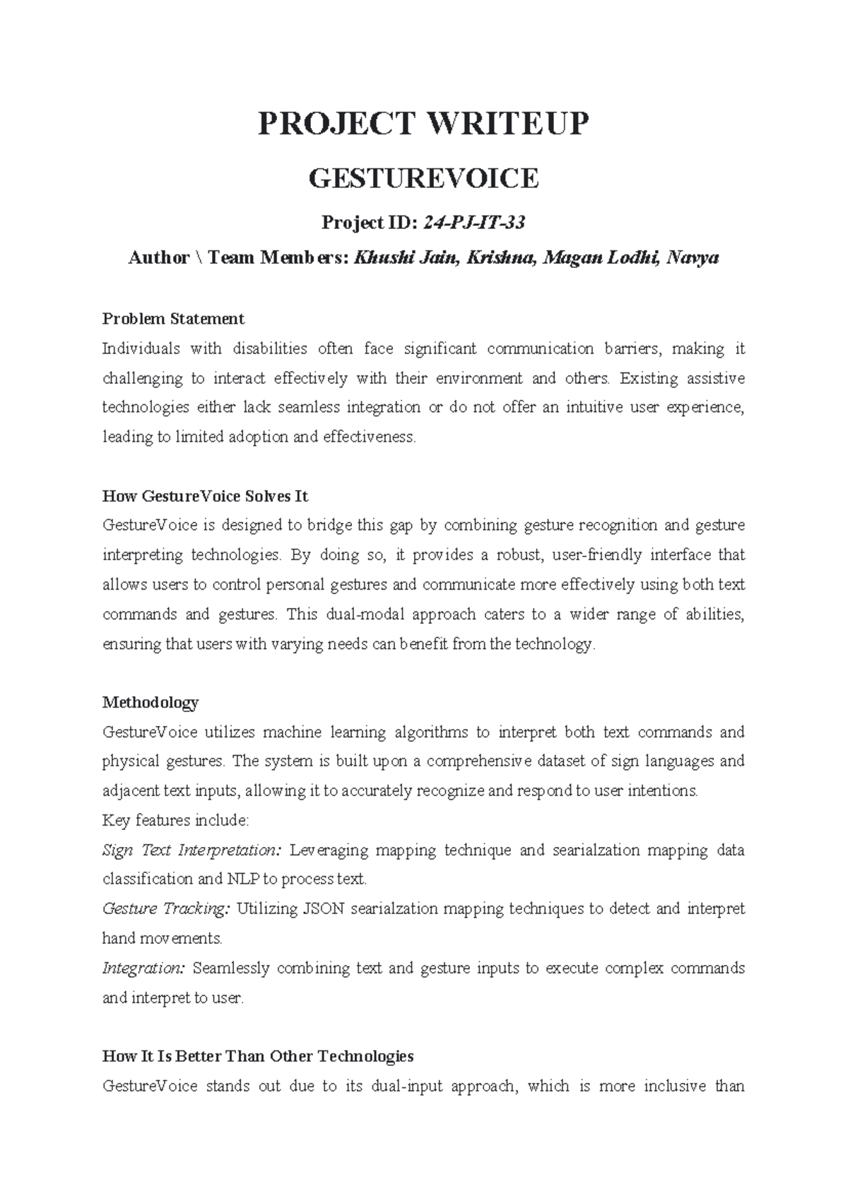 Example project write-up - PROJECT WRITEUP GESTUREVOICE Project ID: 24-PJ-IT- Author \ Team ...
