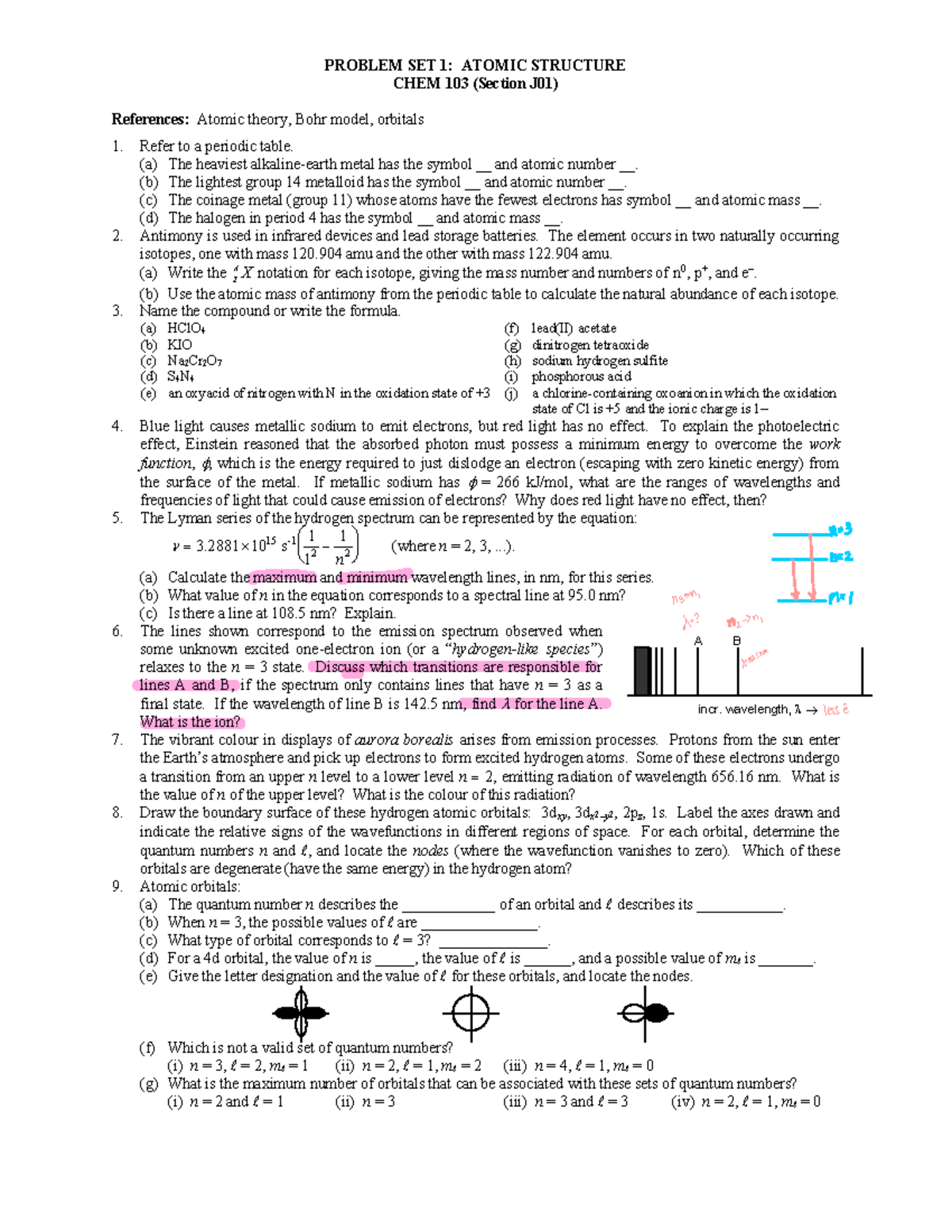 Problem Set #2 with solutions - PROBLEM SET 1: ATOMIC STRUCTURE CHEM 103 (Section J 01 ...