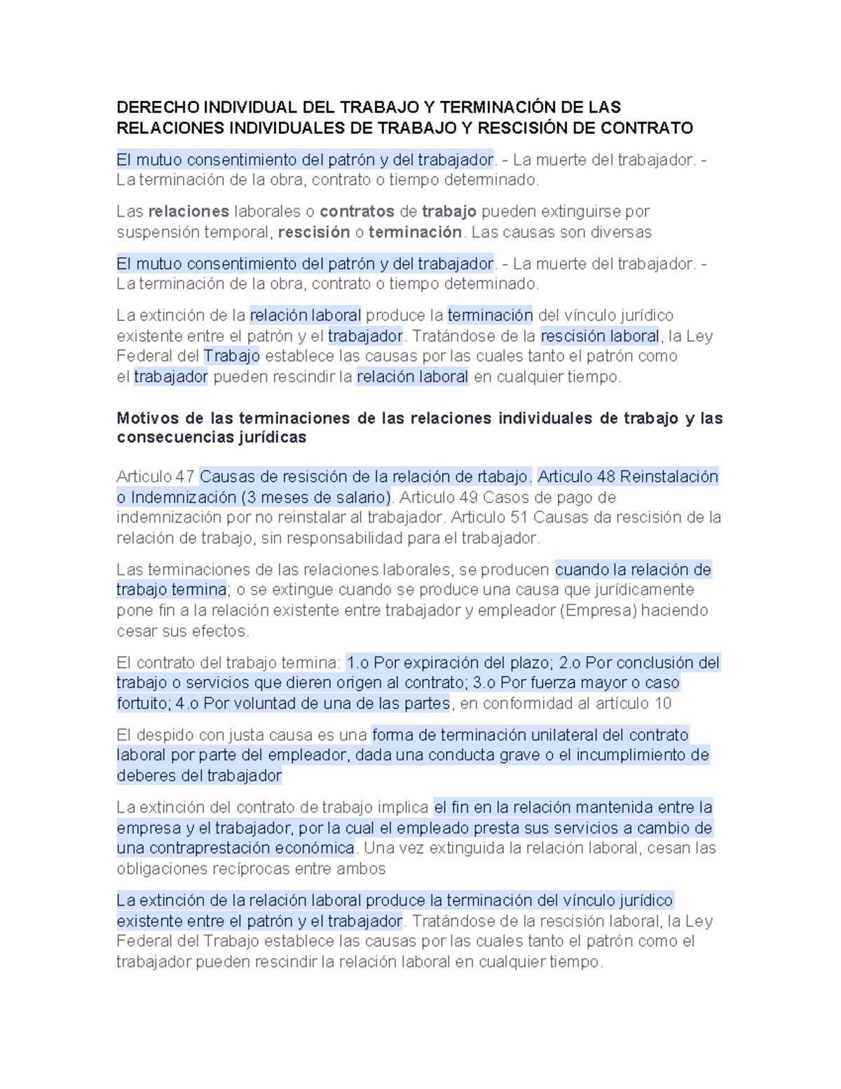 Resumen 2 - DERECHO INDIVIDUAL DEL TRABAJO Y TERMINACIÓN DE LAS RELACIONES INDIVIDUALES DE ...