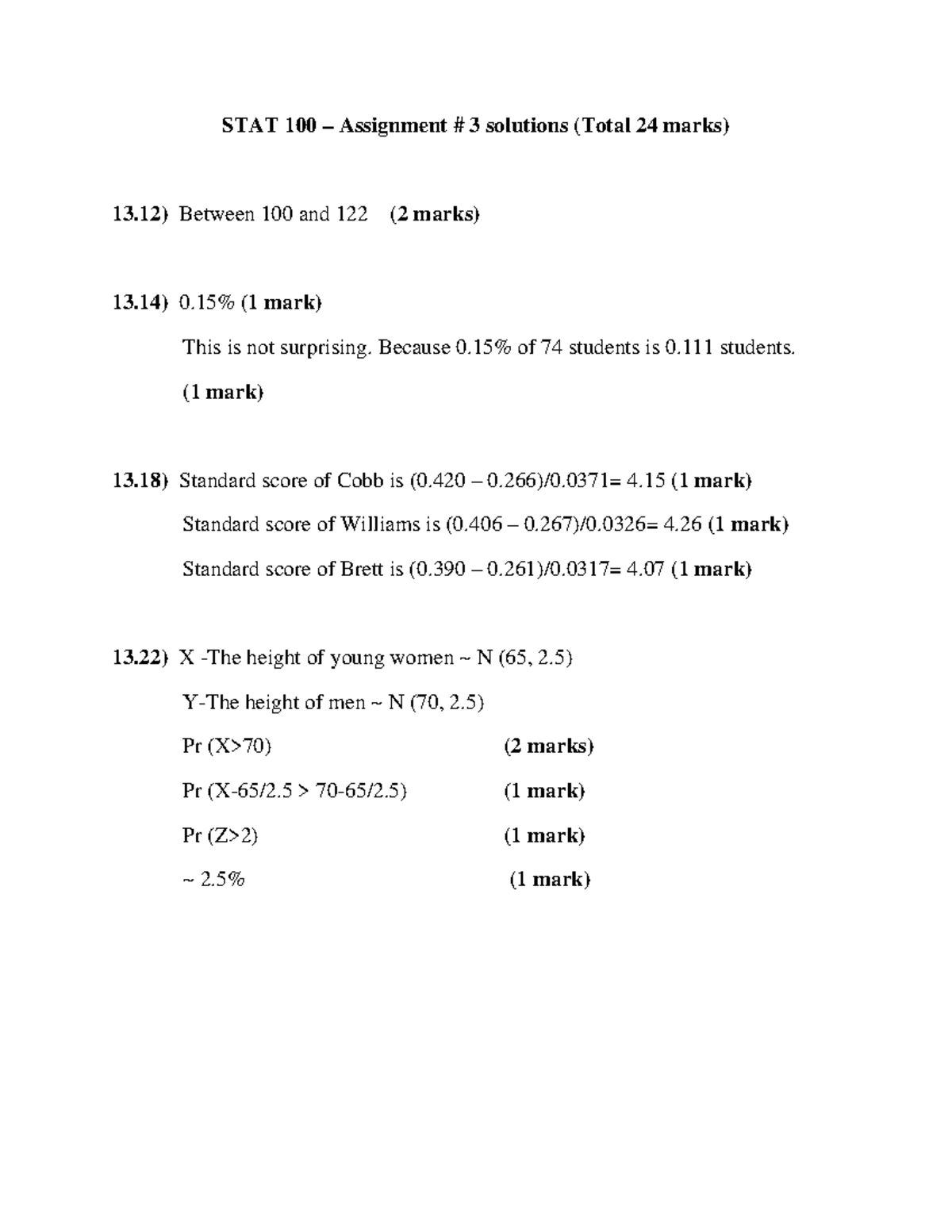 STAT 100 - Assignment 3 solutions - Introduction to Statistics - STAT ...