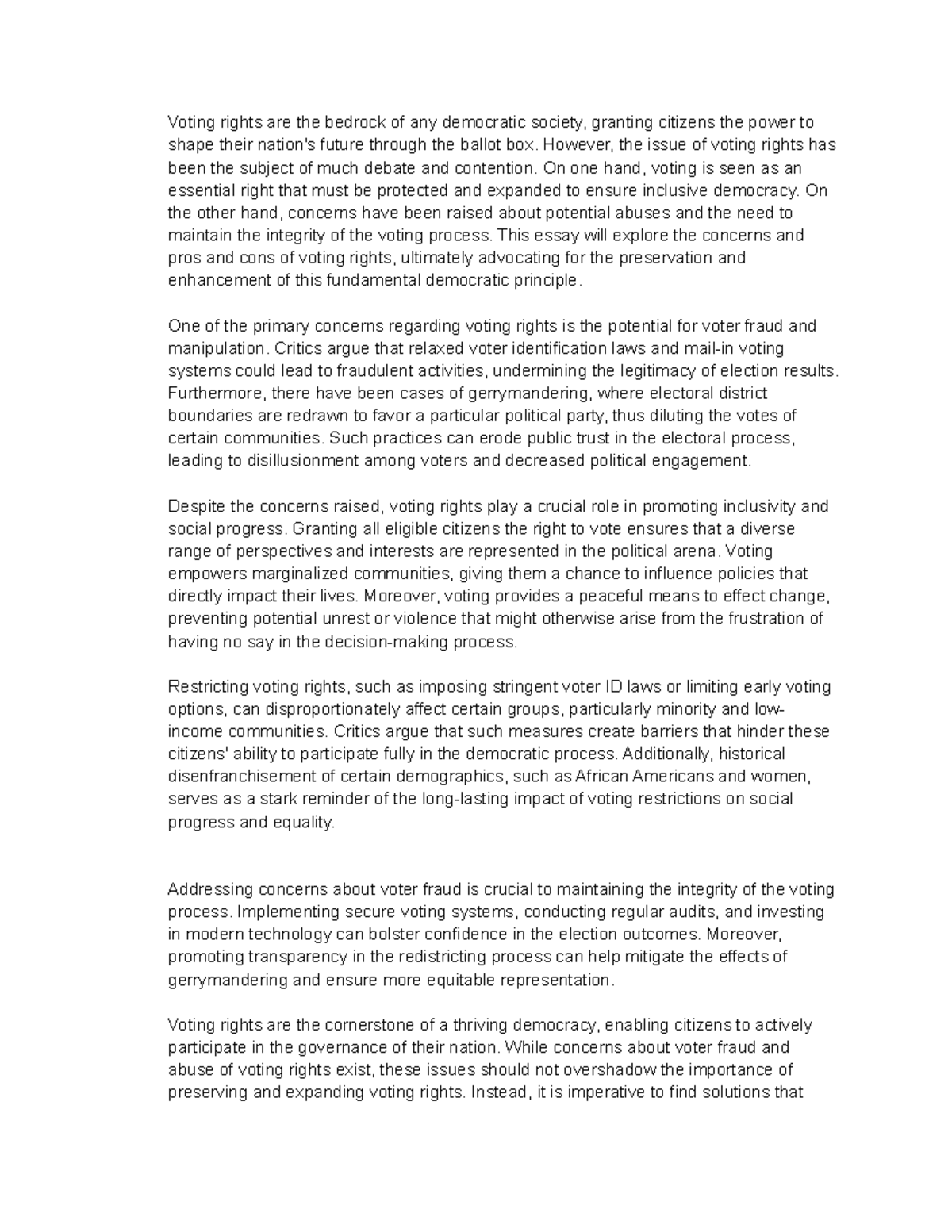 Essay - Voting rights are the bedrock of any democratic society ...