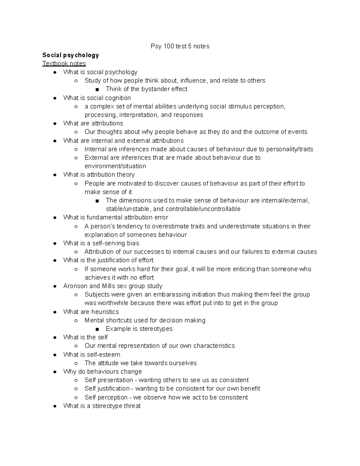 Psy 100 test 5 notes - Psy 100 test 5 notes Social psychology Textbook ...