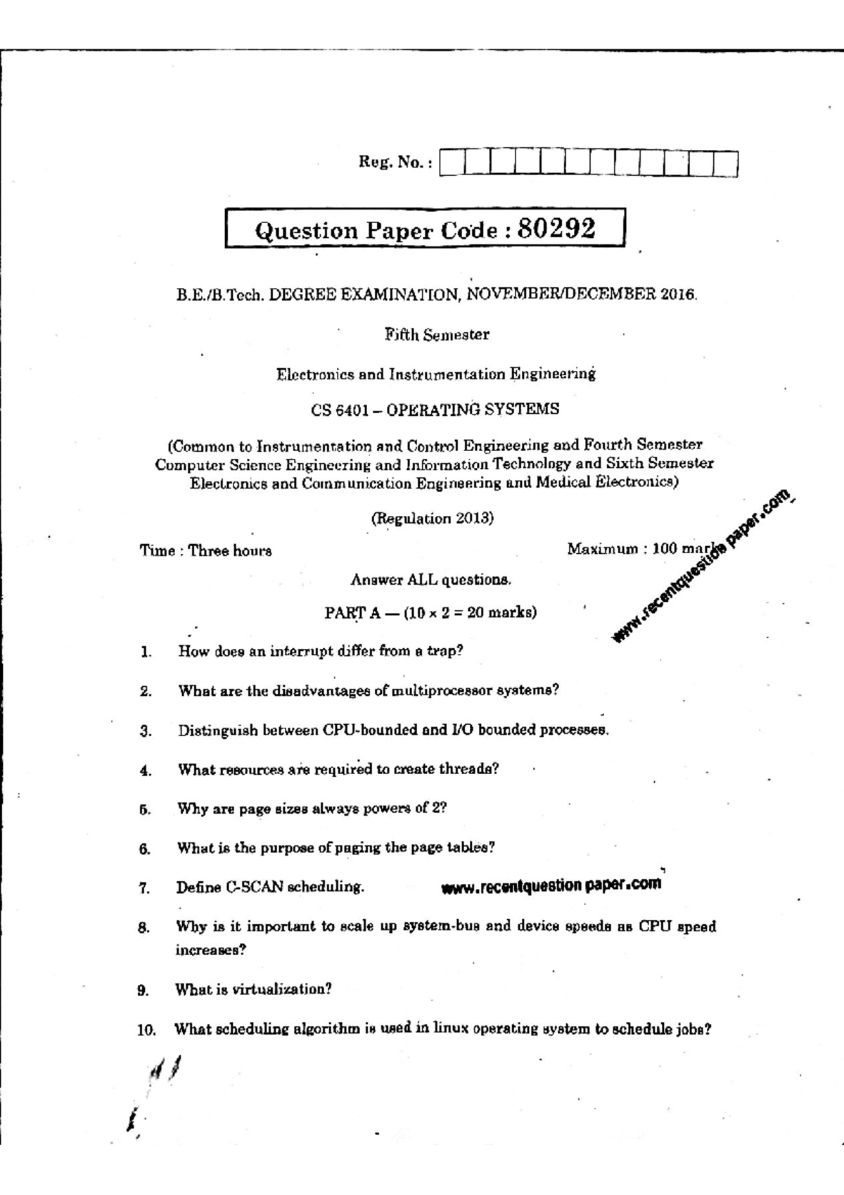 2016 NOV DEC, Anna University Chennai, Practice Questions , Operating ...