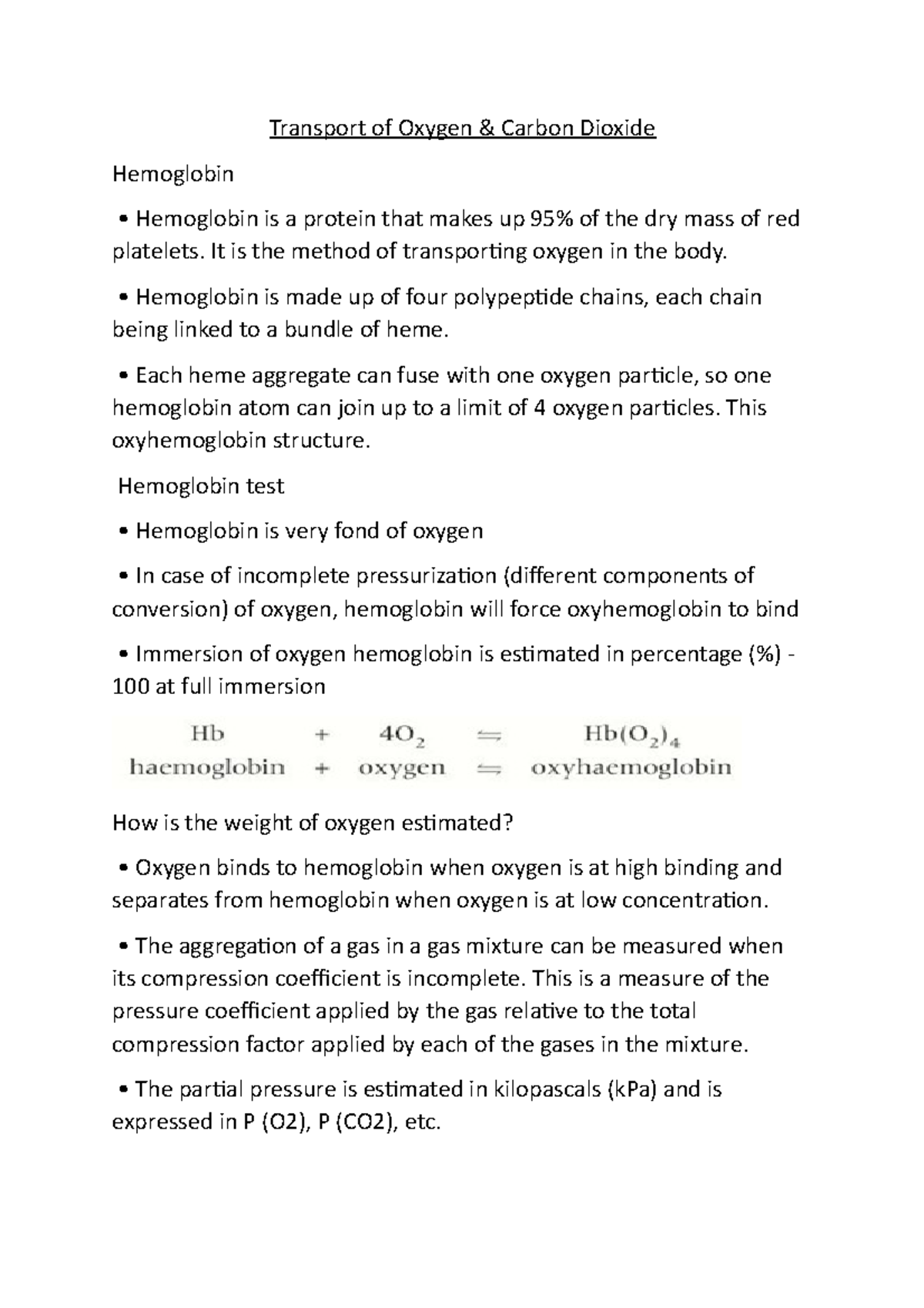 Transport of Oxygen 1 - Notes on Biology A Level - Transport of Oxygen ...