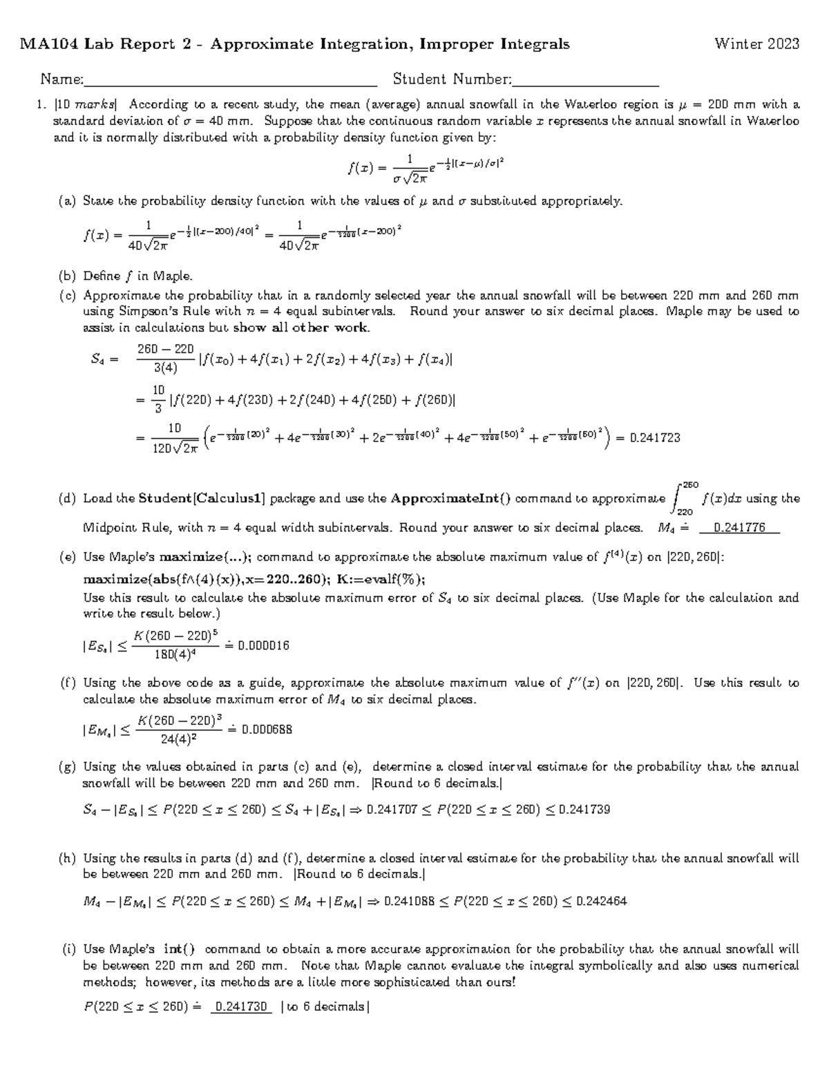 104Lab2Soln - MA104 Lab Report 2 - Approximate Integration, Improper Integrals Winter 2023 Name ...