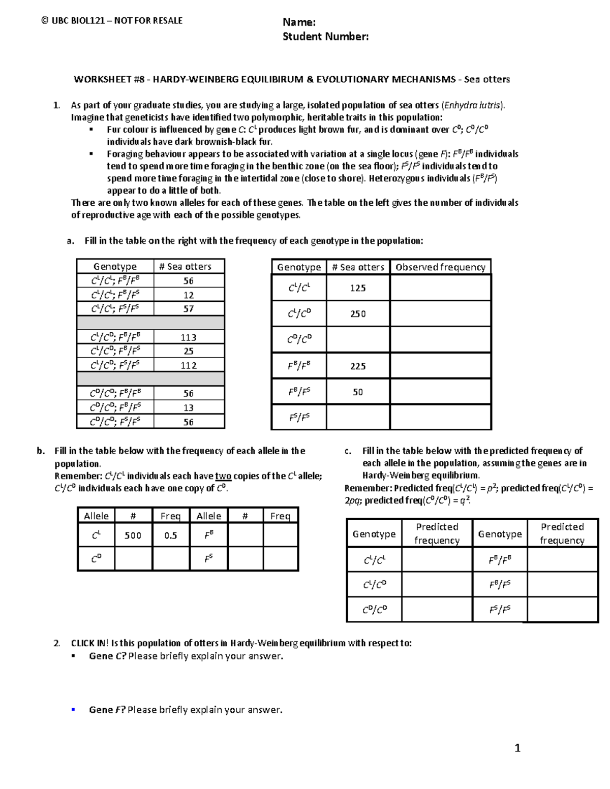 Worksheet #8 - Hardy-Weinberg Equilibrium & Evolutionary Mechanisms ...
