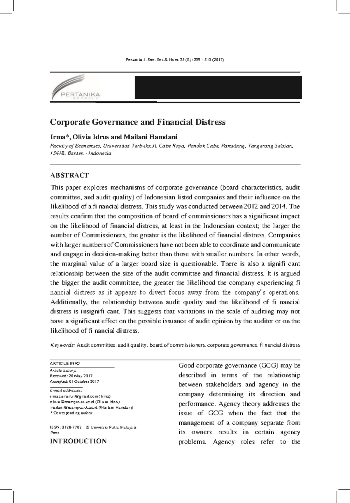 Corporate Governance and Financial Distress - Pertanika J. Soc. Sci ...
