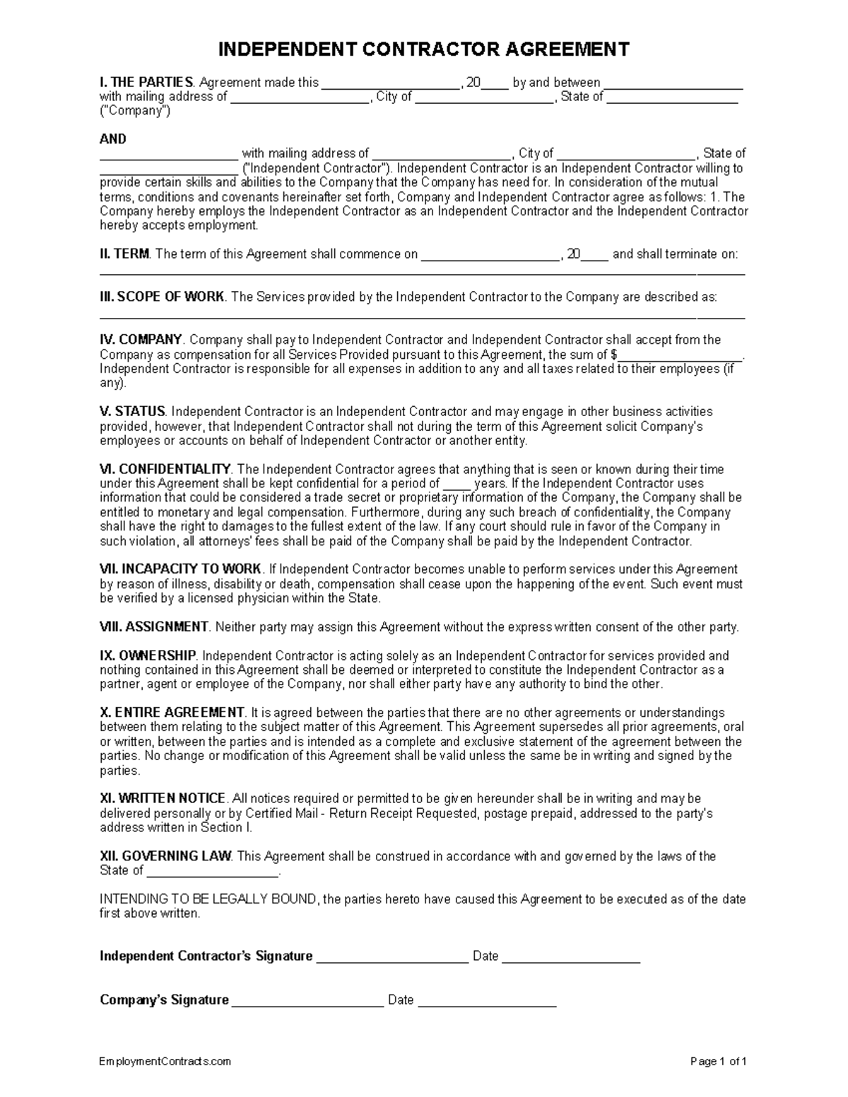 One 1 Page Independent Contractor Agreement - INDEPENDENT CONTRACTOR ...