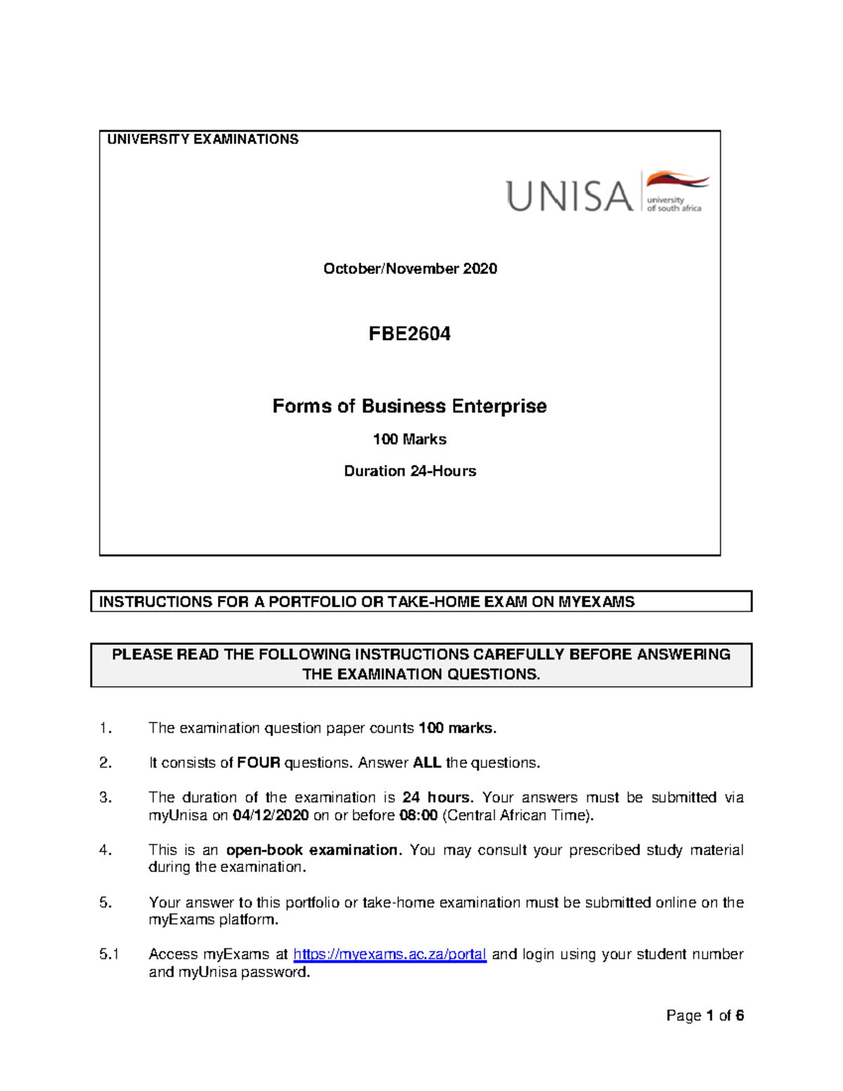 FBE - Forms of business - UNIVERSITY EXAMINATIONS October/November 2020 ...