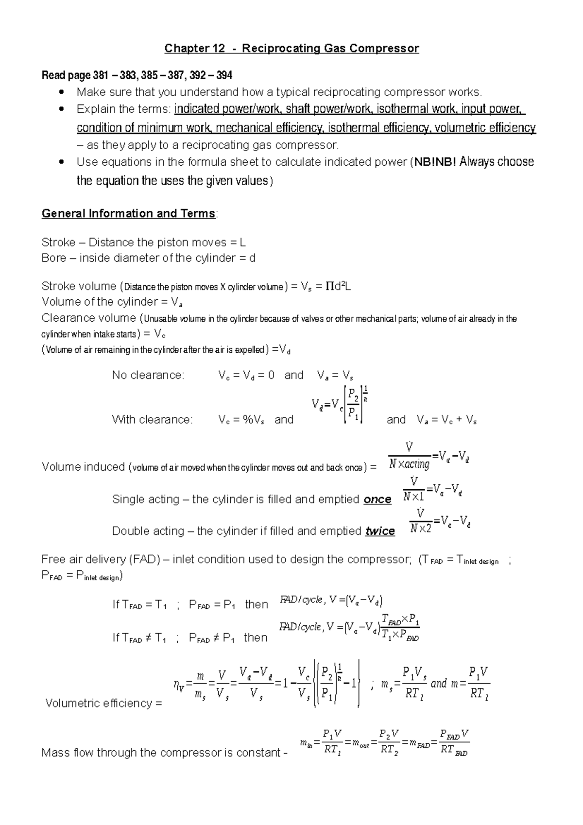 Summary+Compressors - Lecture notes 3 - Chapter 12 - Reciprocating Gas ...