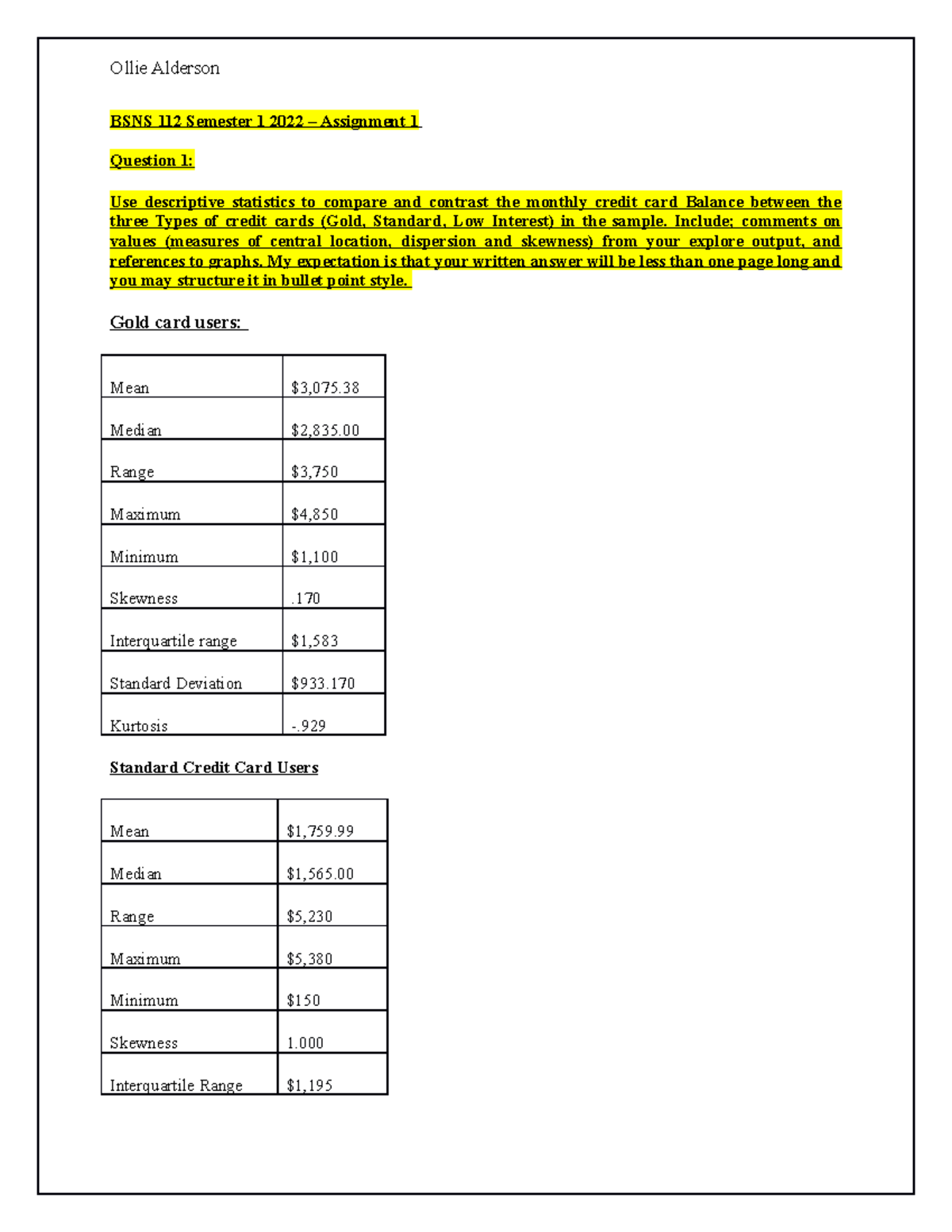 BSNS 112 Assignment 1 - Final Copy - BSNS 112 Semester 1 2022 – Assignment 1 Question 1: Use ...