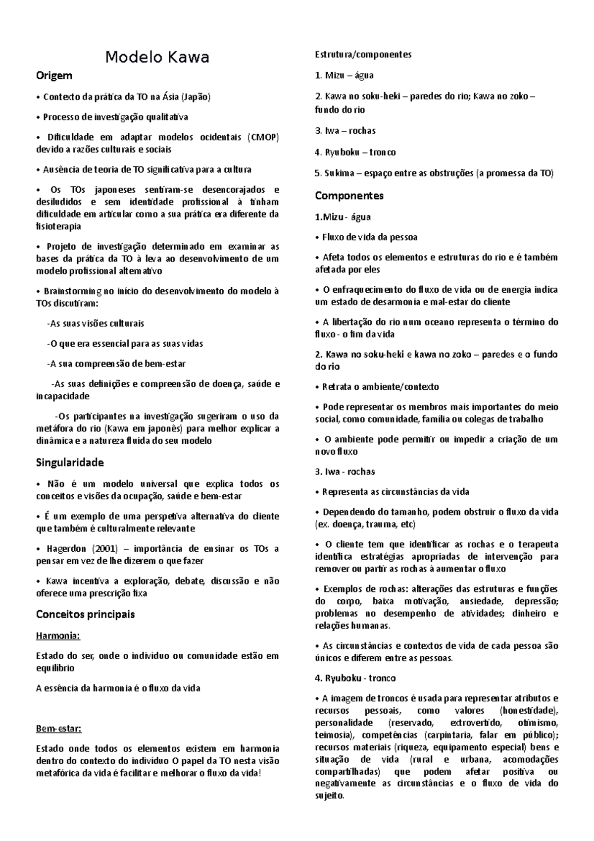 Modelo Kawa - resumos - Modelo Kawa Origem Contexto da prática da TO na Ásia (Japão) Processo de ...