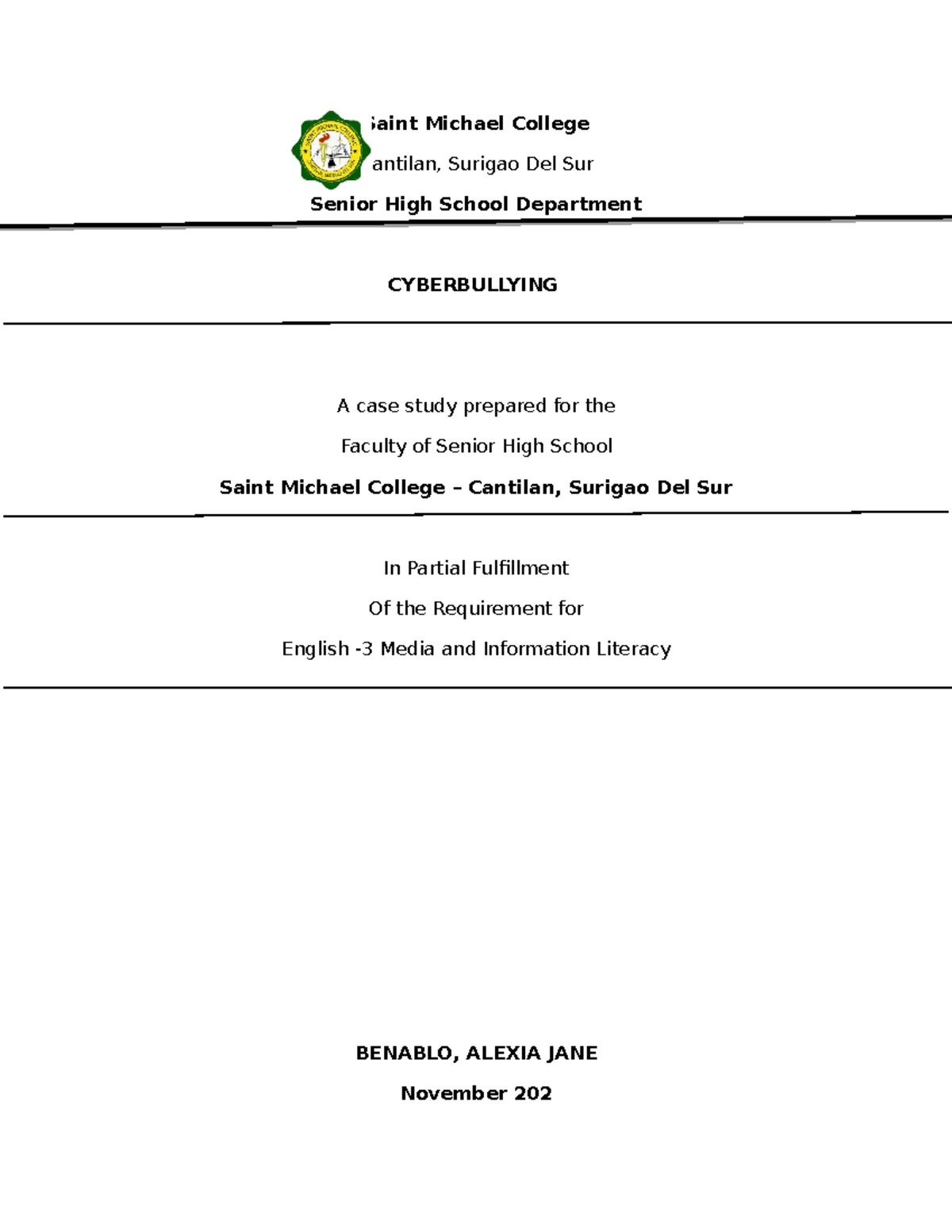 Case study - dfhxjmx - Cantilan, Surigao Del Sur Senior High School Department CYBERBULLYING A ...