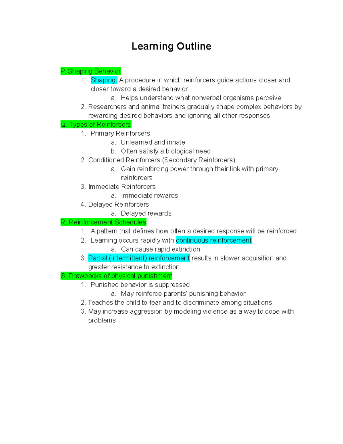 General Psychology-Learning Outline - Learning Outline P. Shaping ...