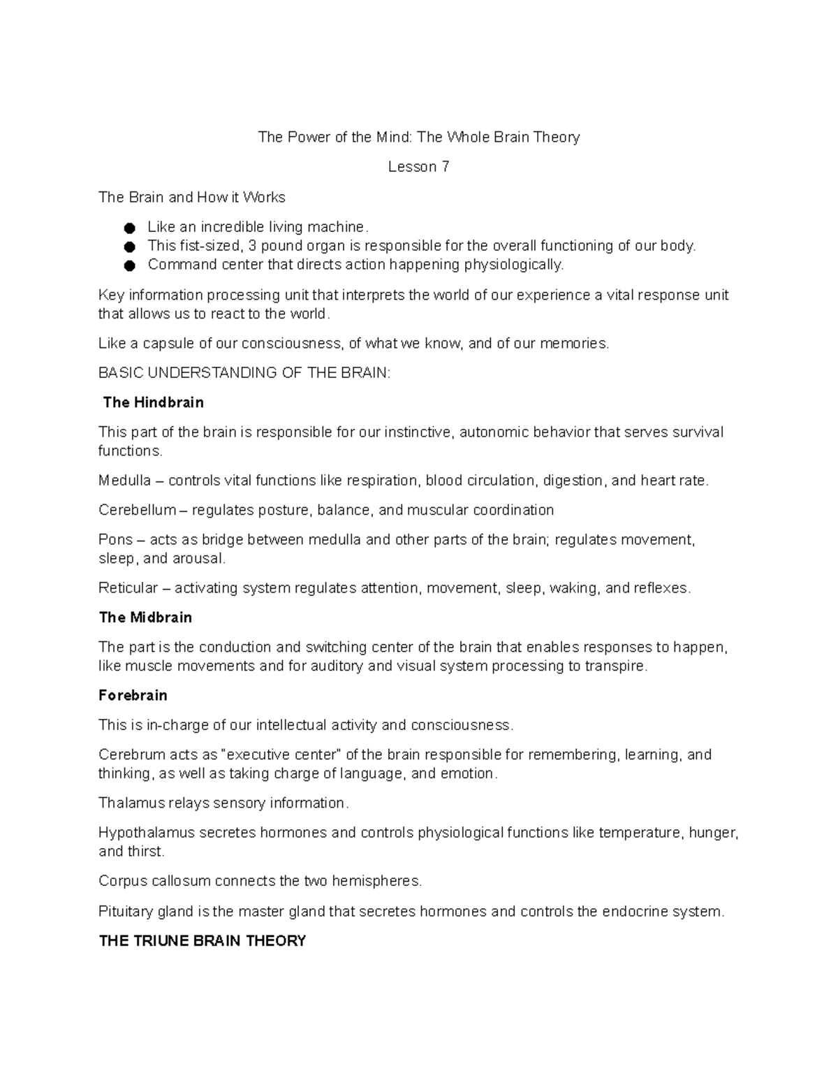 Lesson 7 - notes - The Power of the Mind: The Whole Brain Theory Lesson ...