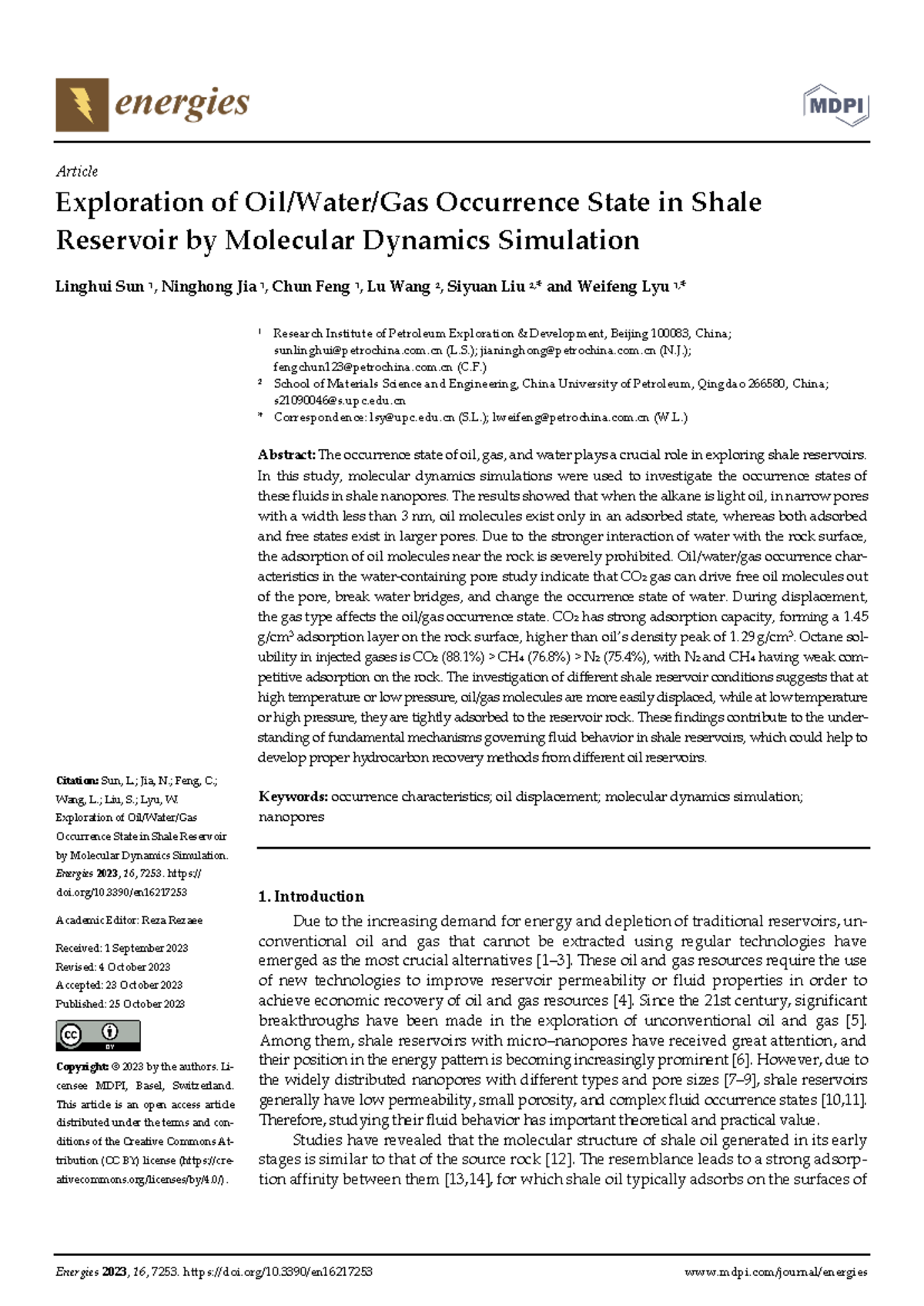 Molecular Simulation Study on Methane Adsorption in Amorphous Shale ...
