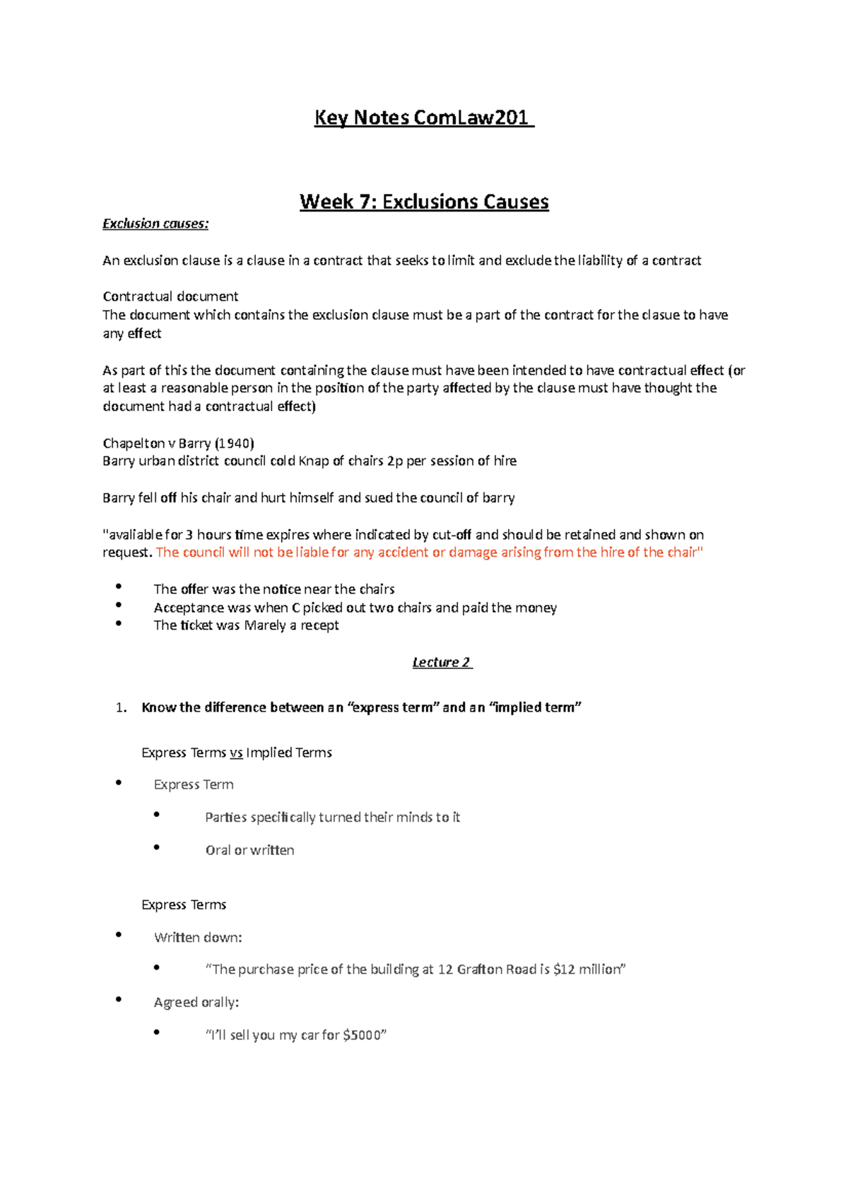Key Notes Com Law 201 - Key Notes ComLaw Week 7: Exclusions Causes ...