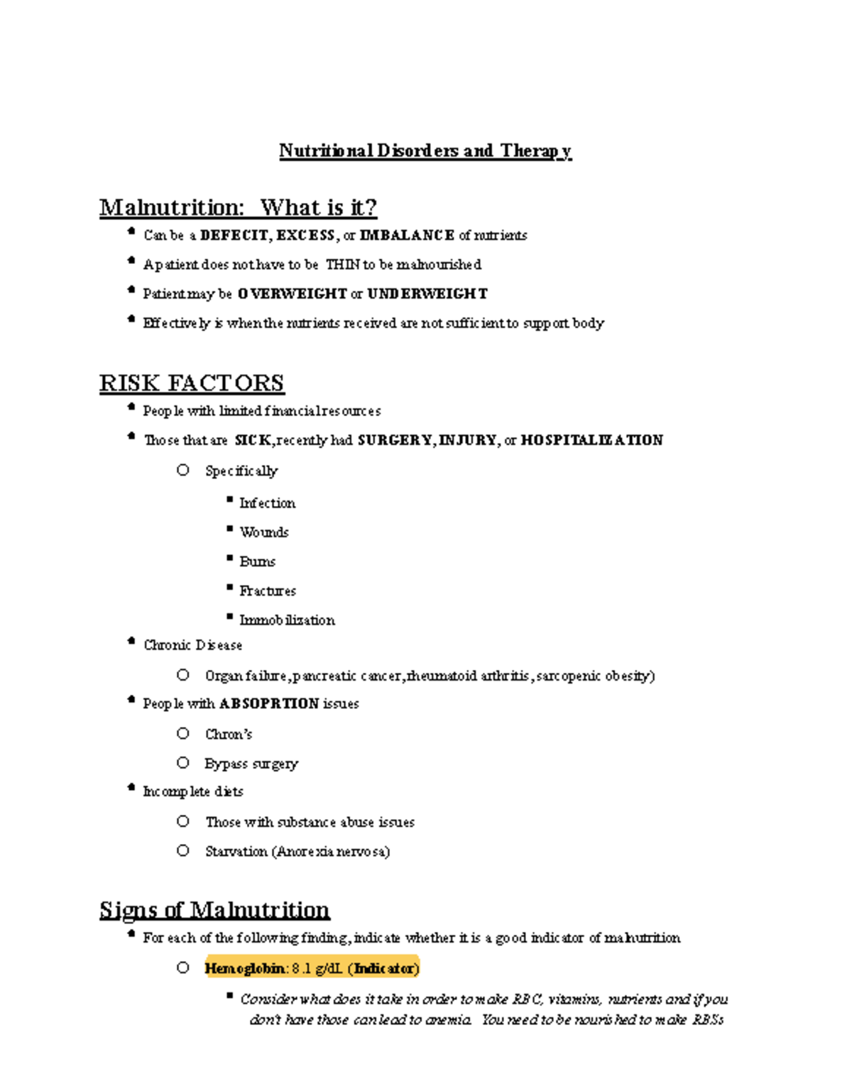 nutrition notes - Nutritional Disorders and Therapy Malnutrition: What ...
