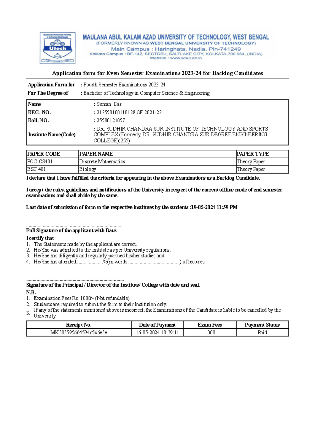 Backlog Form - Application form for Even Semester Examinations 2023-24 ...