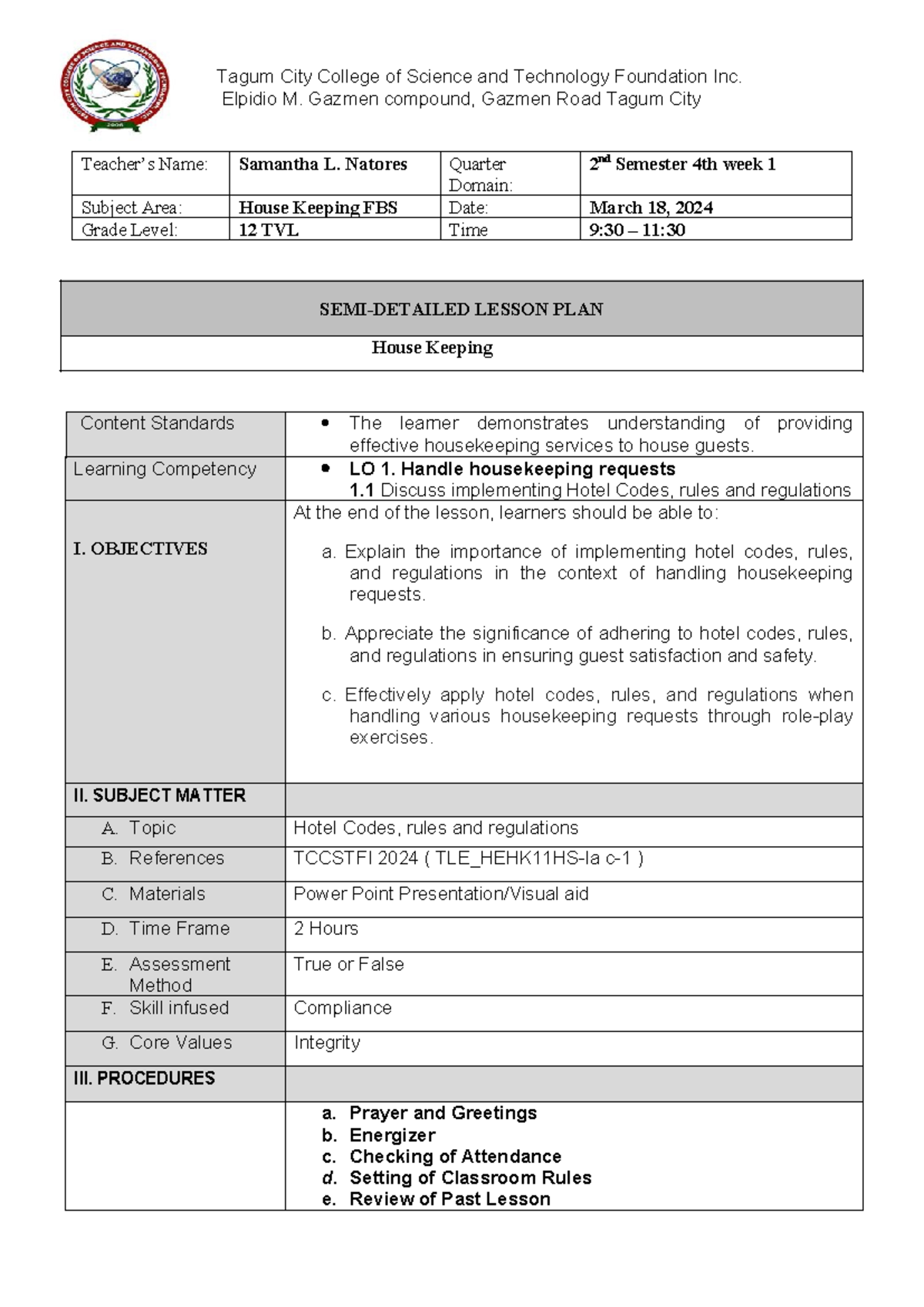 Lesson PLAN 01 - Tagum City College of Science and Technology ...