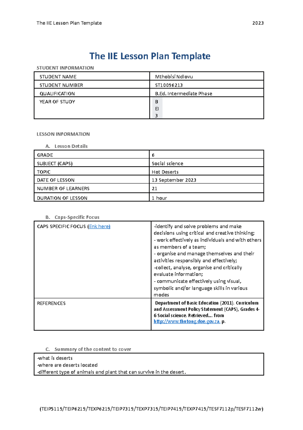Social science lesson plan - The IIE Lesson Plan Template STUDENT ...