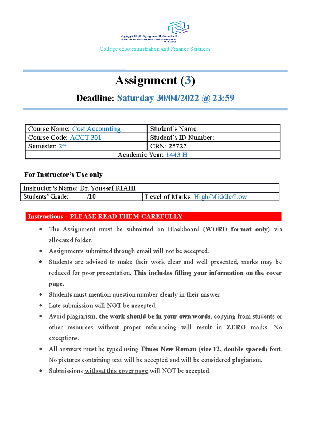 ACCT301 Solutions - Accounting - Assignment ( 3 ) Deadline: Saturday 30 ...