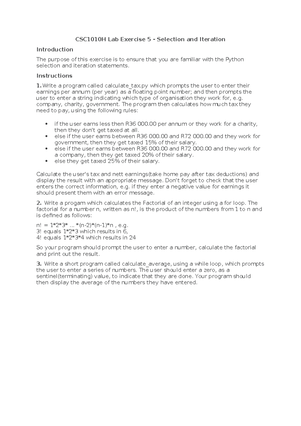 CSC1010H Lab Exercise 5 selection and iteration - CSC1010H Lab Exercise 5 - Selection and ...