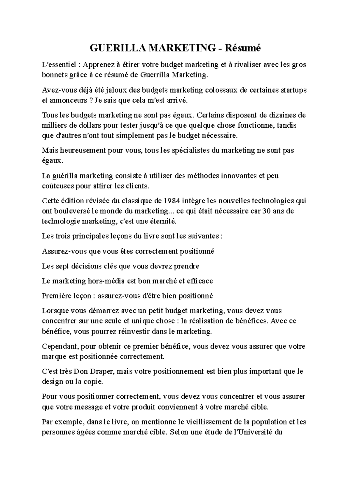 Guerilla Marketing - Résumé - GUERILLA MARKETING - Résumé L'essentiel ...