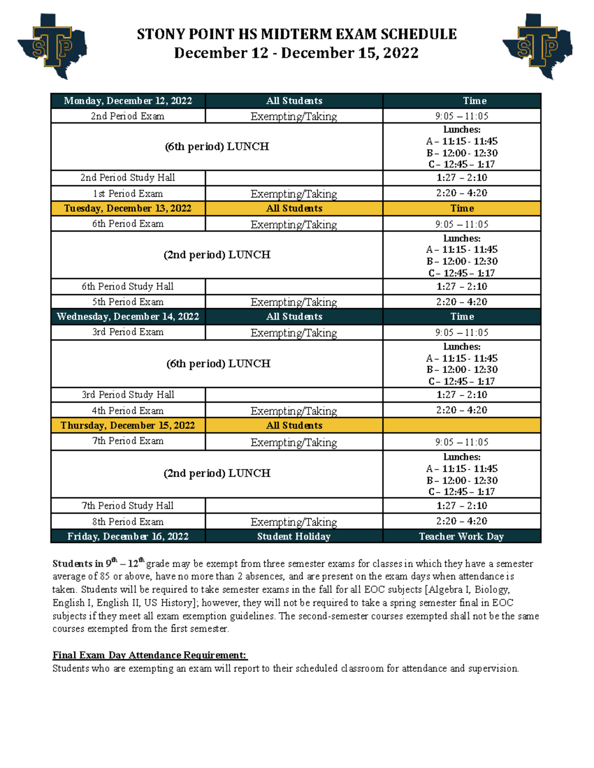 2022 SPHS Fall Semester Exam Schedule - STONY POINT HS MIDTERM EXAM ...