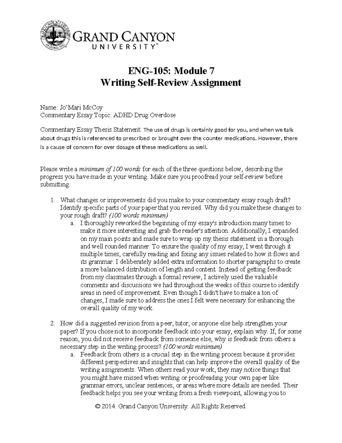 ENG 105 RS Self Review Assignment - ENG-105: Module 7 Writing Self ...