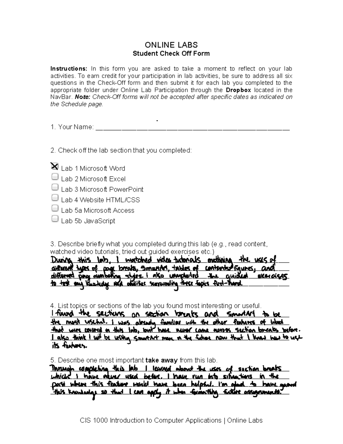 Lab check off form for lab 1 - microsoft word - Cis1000 - U of G - Studocu