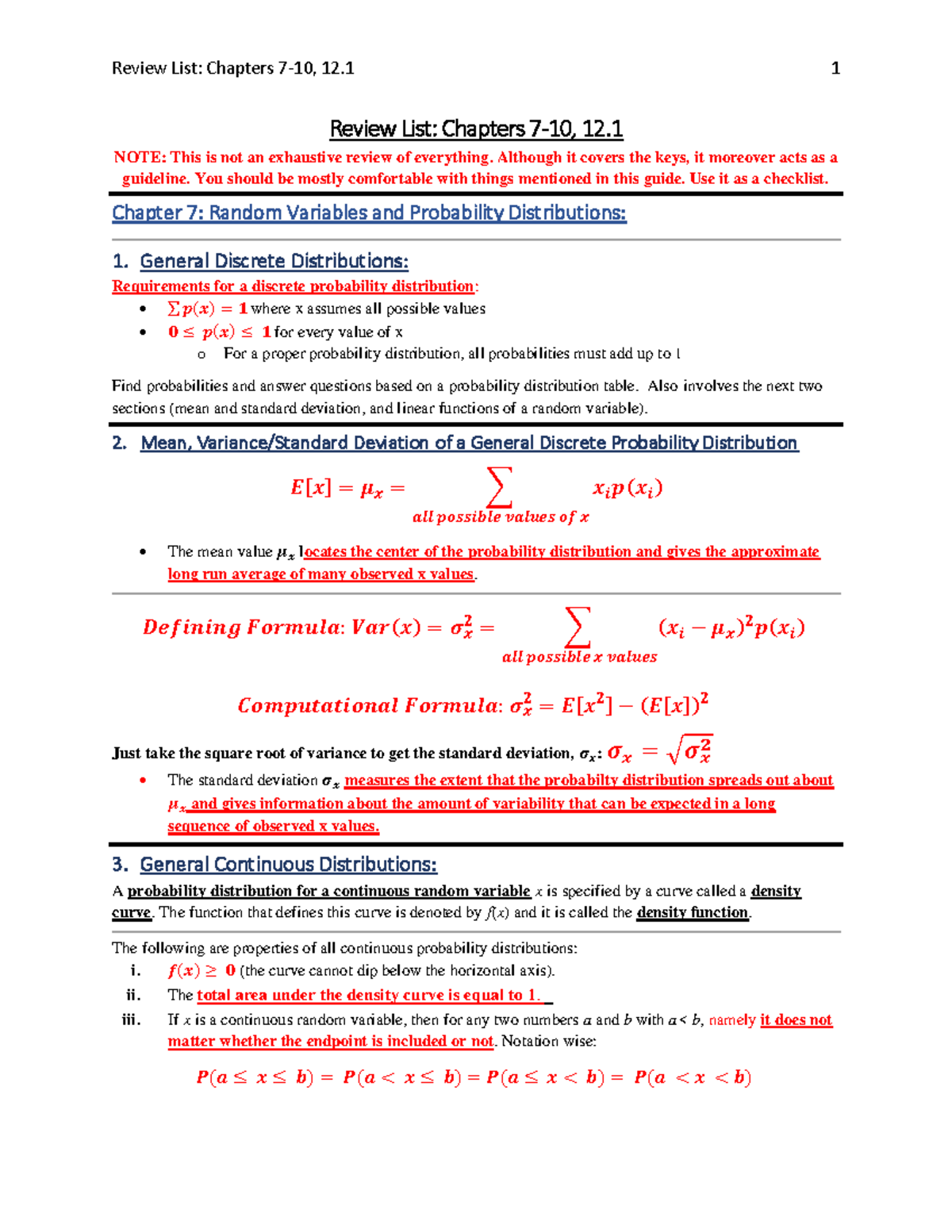 Chapter 7-10 review list - Review List: Chapters 7-10, 12. NOTE: This ...