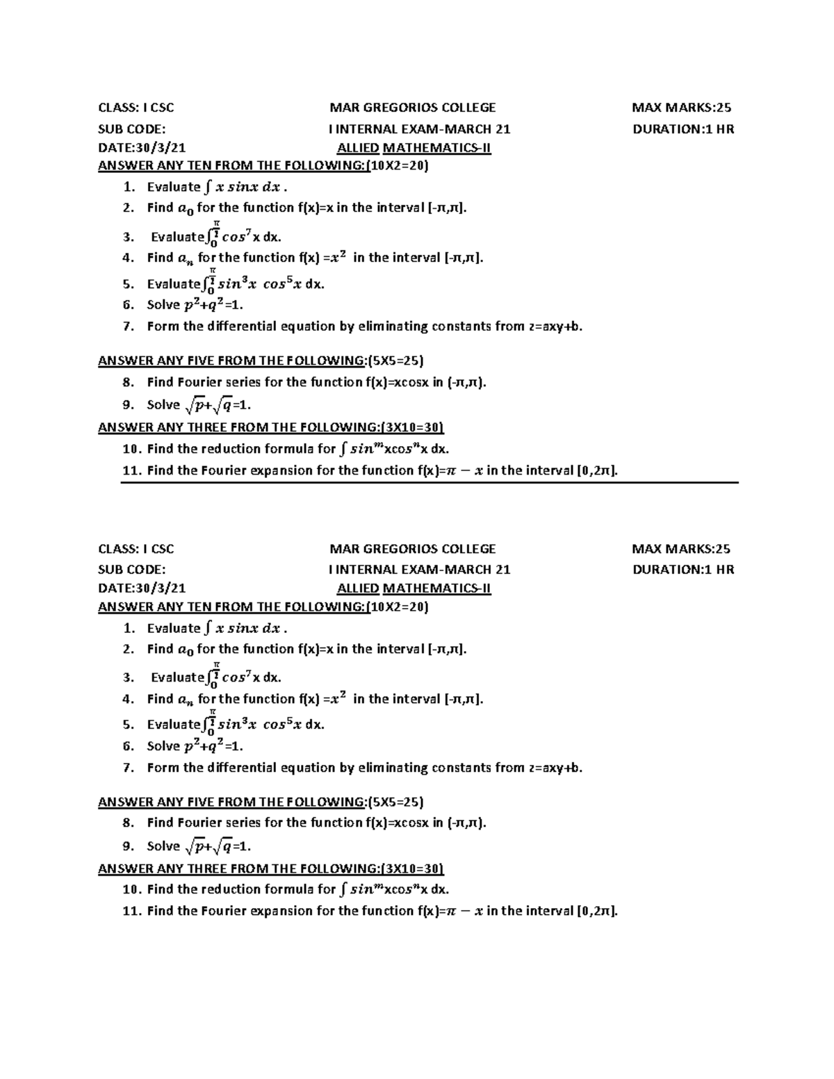 Allied Maths-2 I Internal - CLASS: I CSC MAR GREGORIOS COLLEGE MAX ...