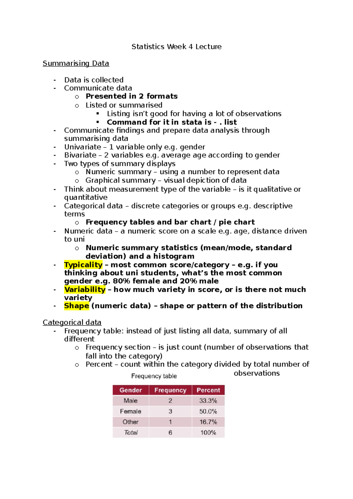 Statistics Week 4 Lecture - Statistics Week 4 Lecture Summarising Data Data is collected ...