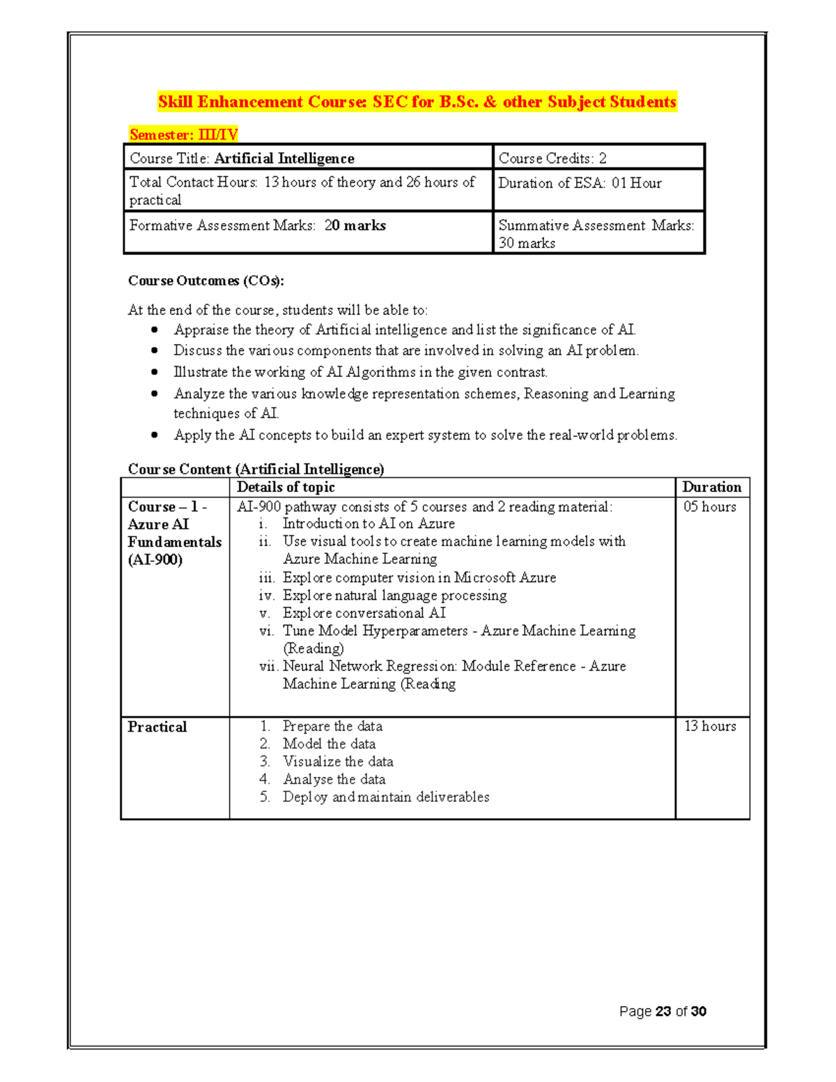 Syllabus AI - Page 23 of 30 Skill Enhancement Course: SEC for B ...