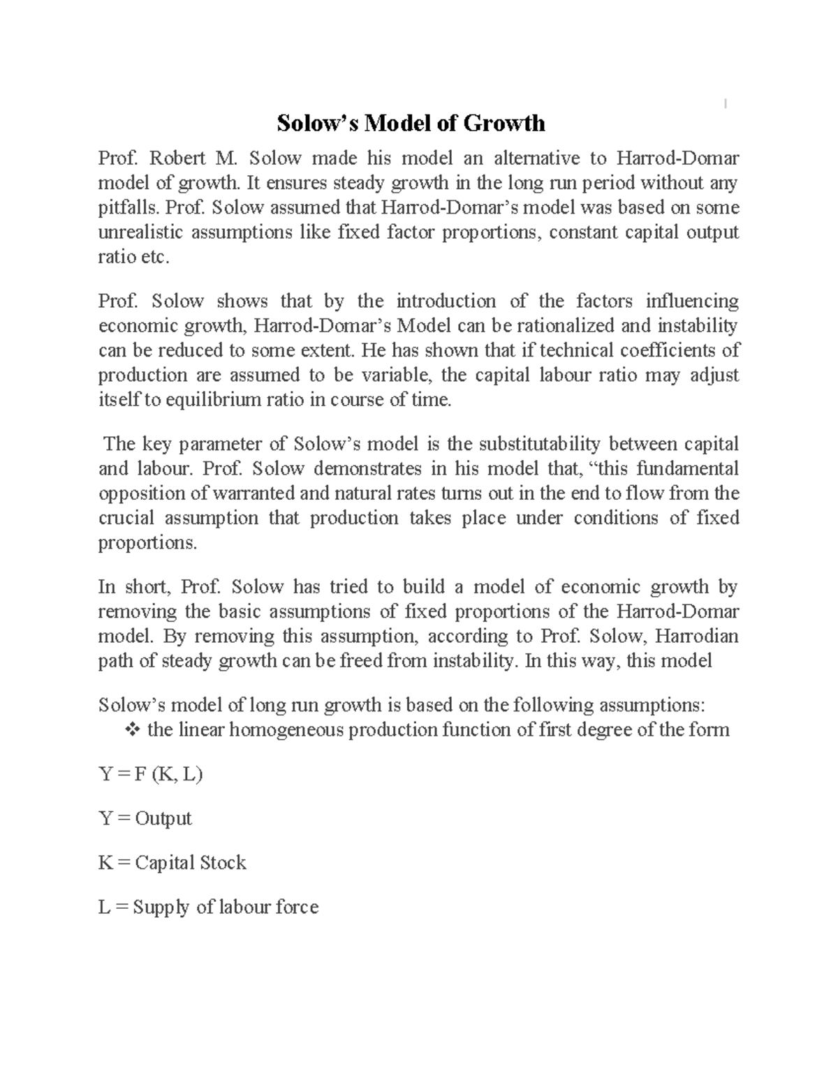 Solow model of growth - Solow’s Model of Growth Prof. Robert M. Solow ...