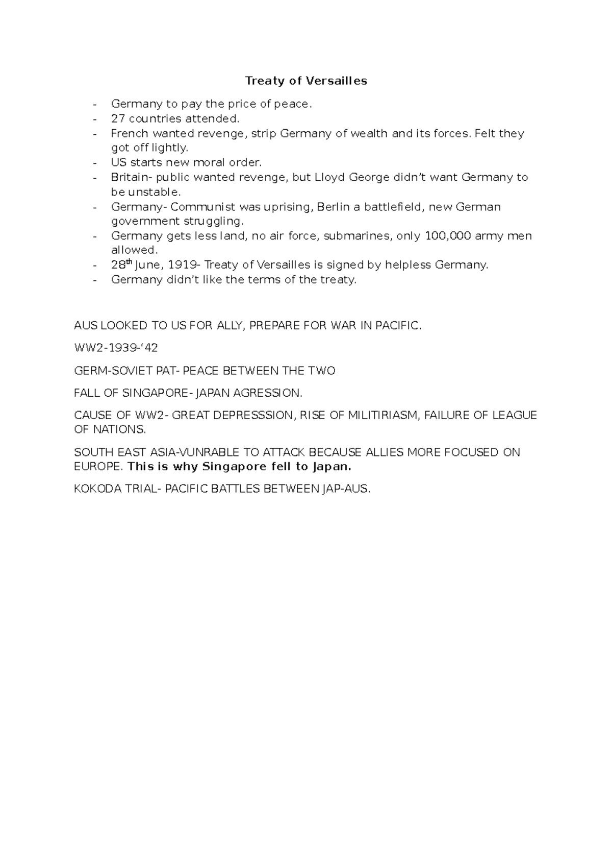 Treaty of Versailles - TOV notes - Treaty of Versailles Germany to pay ...