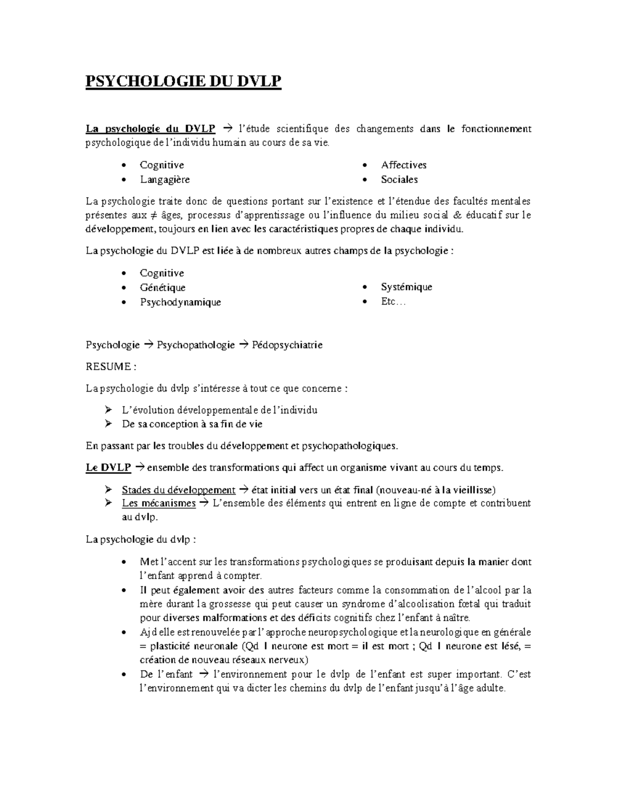 Psychologie DU DVLP - synthèse - PSYCHOLOGIE DU DVLP La psychologie du ...