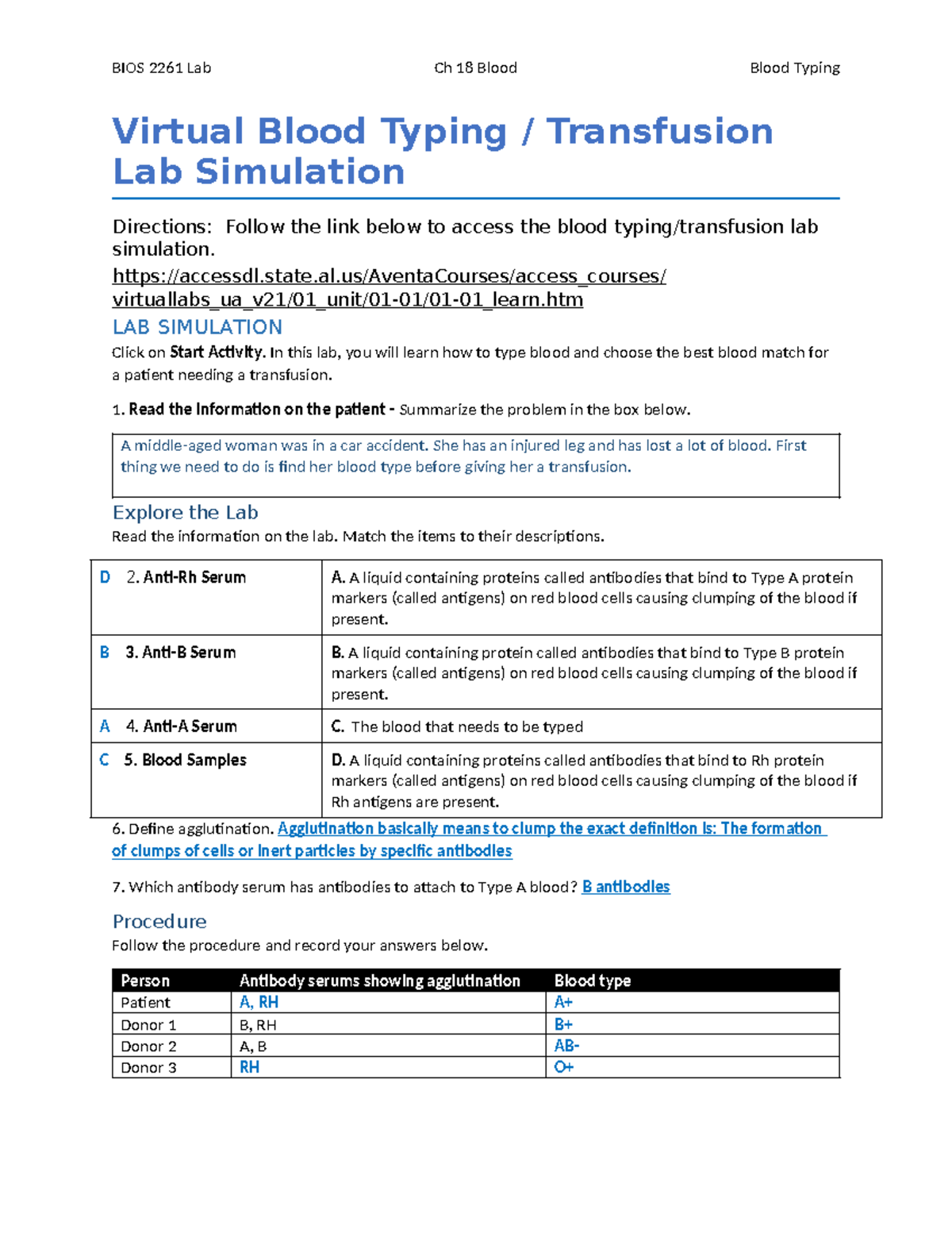 Ch18 assignment 3 - n/a - BIOS 2261 Lab Ch 18 Blood Blood Typing Virtual Blood Typing ...