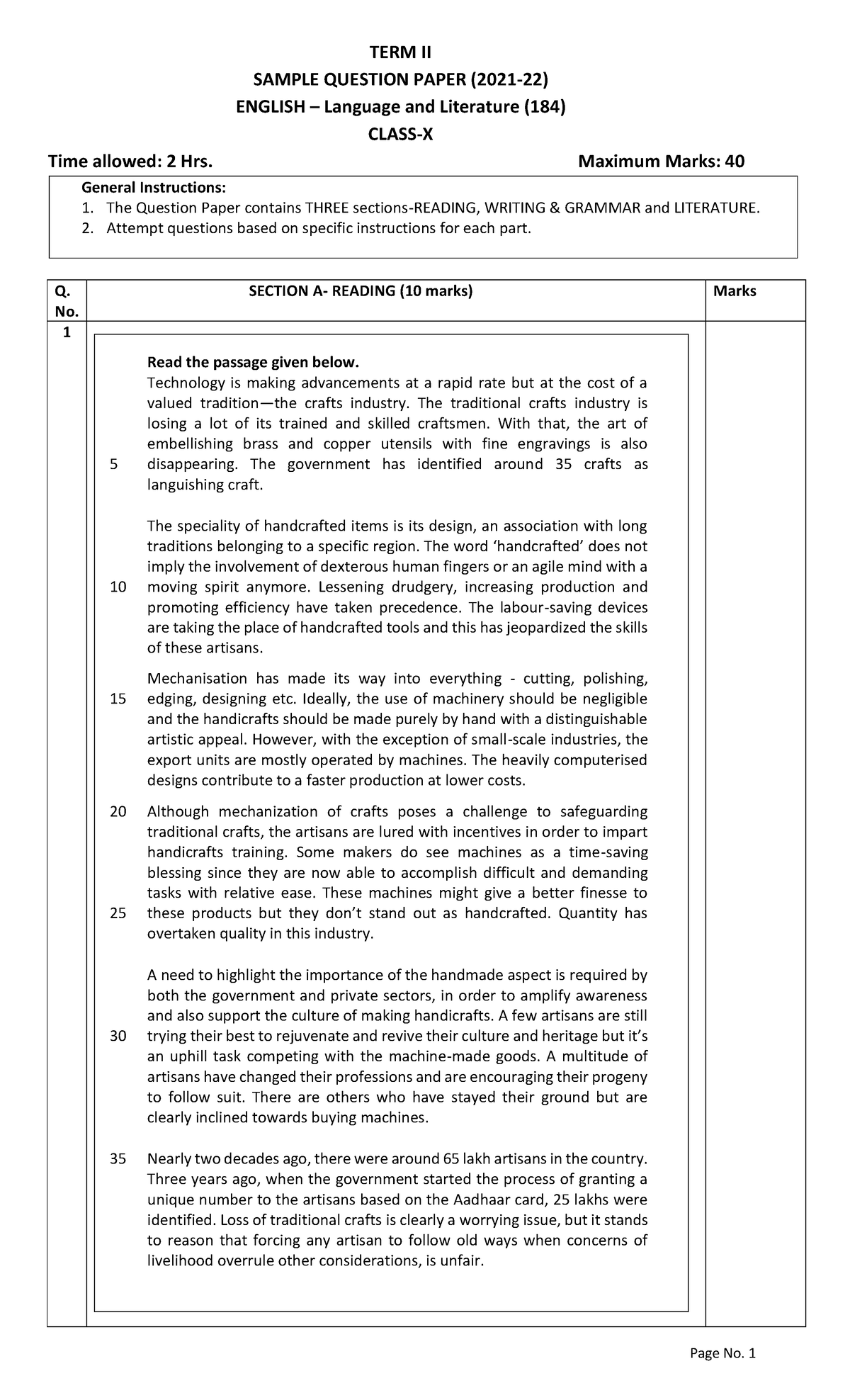 English L-SQP Term2 - Hsbshsb - TERM II SAMPLE QUESTION PAPER (2021-22 ...