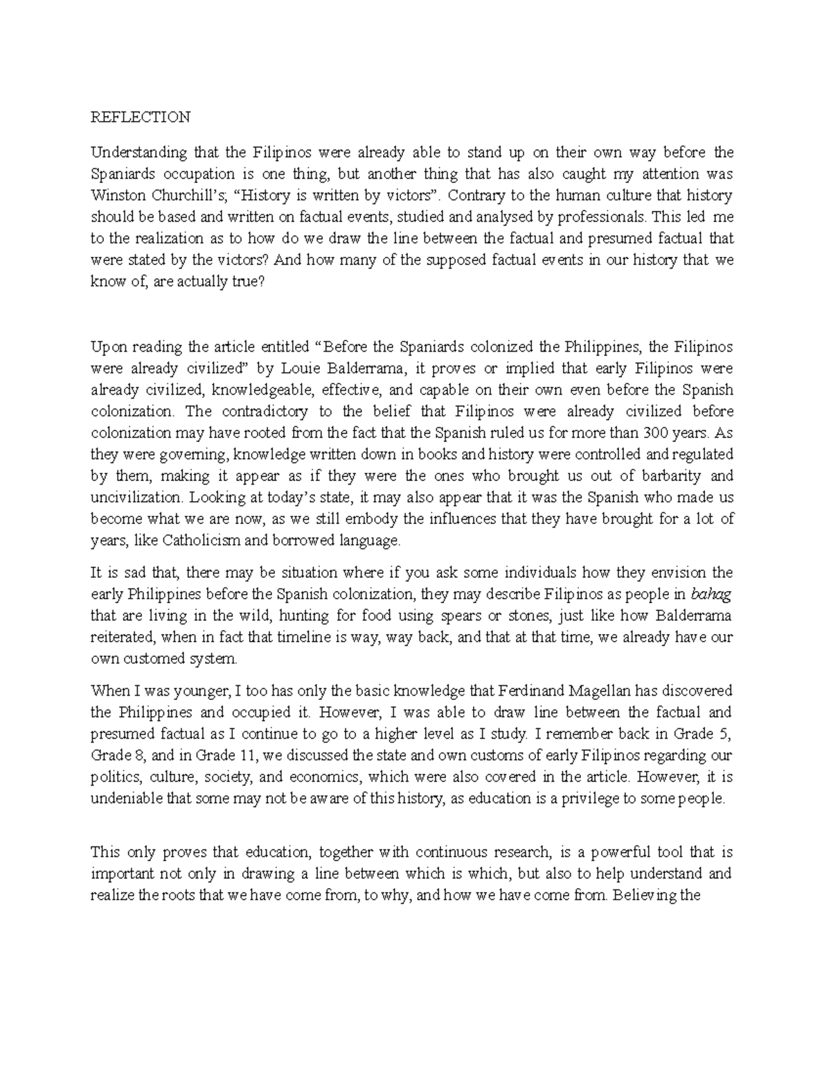 Reflection Paper - REFLECTION Understanding that the Filipinos were ...