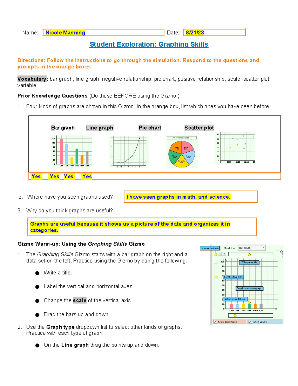 Copy of Day 11 Graphing Skills Gizmo-1 - Name: Nicole Manning Date: 8 ...