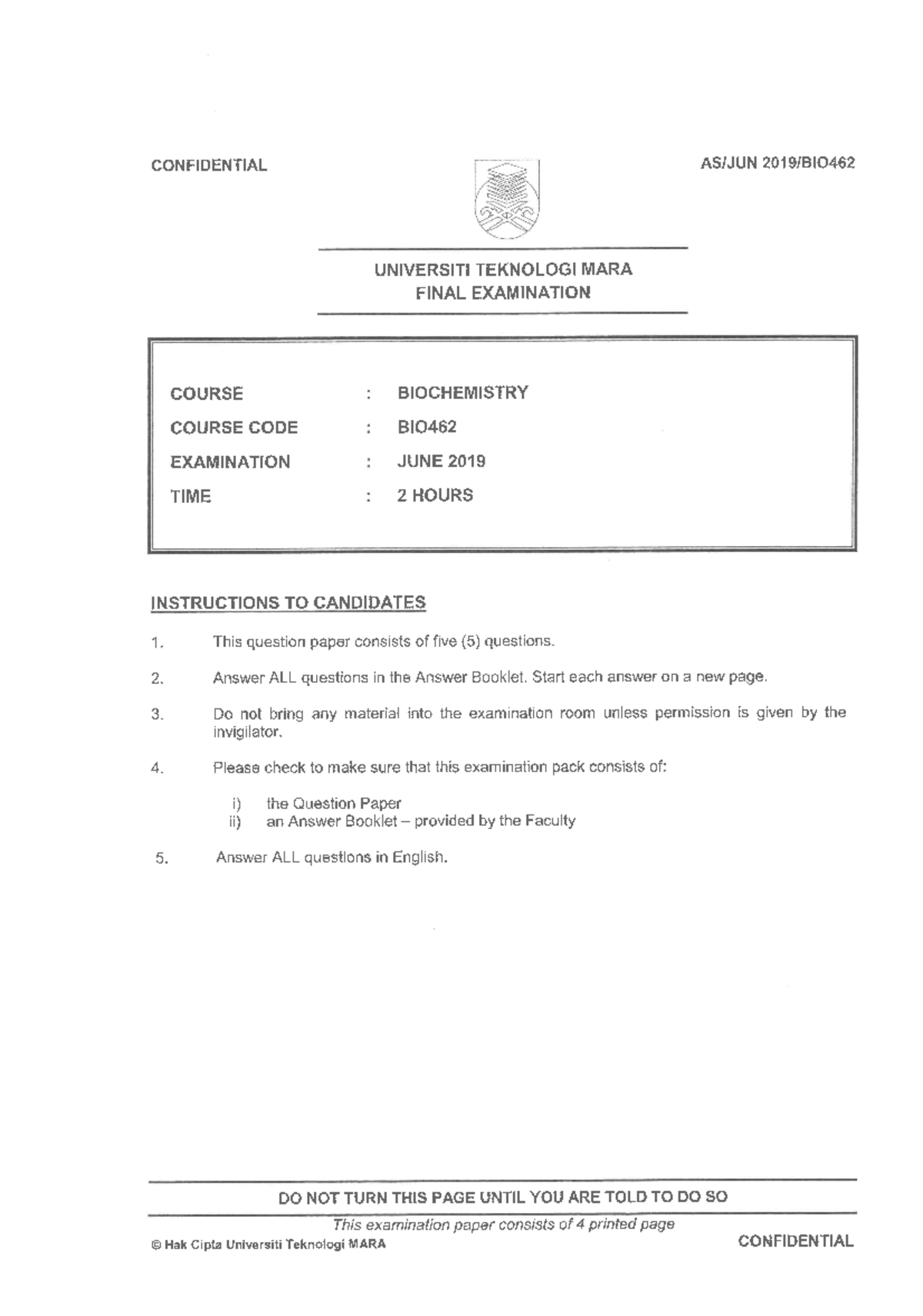BIO462 JUNE 2019 - BIOLOGY462 PRACTICE MATERIALS - PAST YEAR QUESTION ...