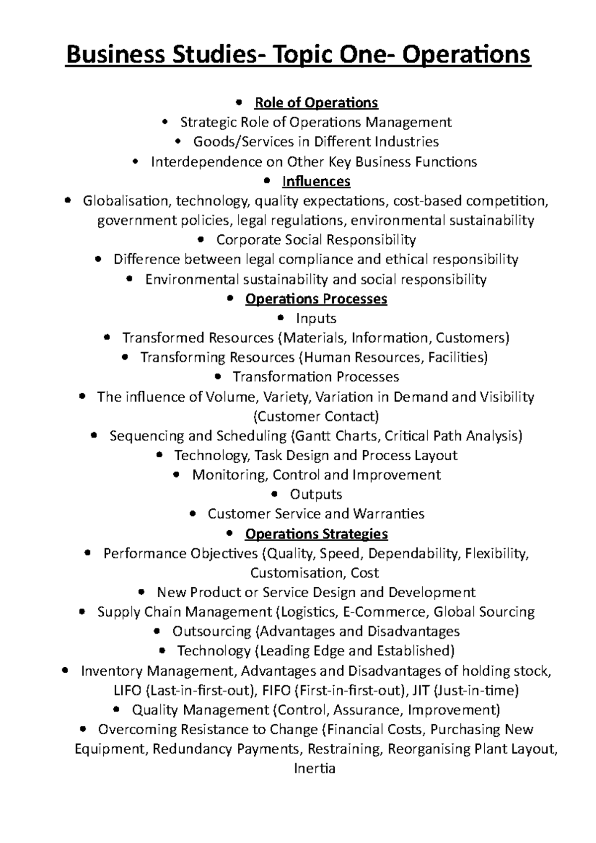 Business Studies Operations Notes - Business Studies- Topic One ...