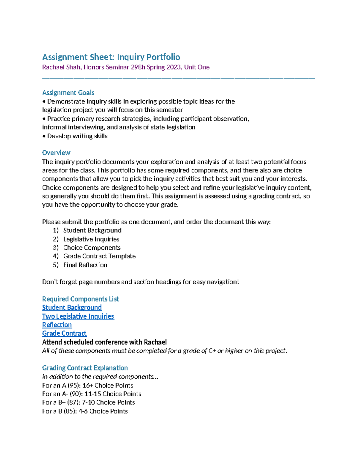 298h U1 Assigment Sheet - Assignment Sheet: Inquiry Portfolio Rachael ...