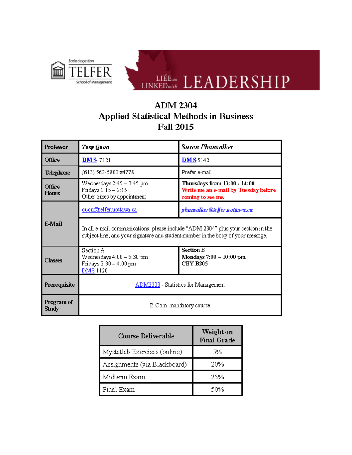 University of Ottawa Course Outline ADM2304 B FALL2015 - ADM 2304 ...