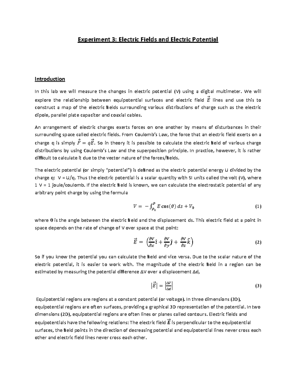Lab 3 electric fields and potentials f14 - Experiment 3: Electric ...