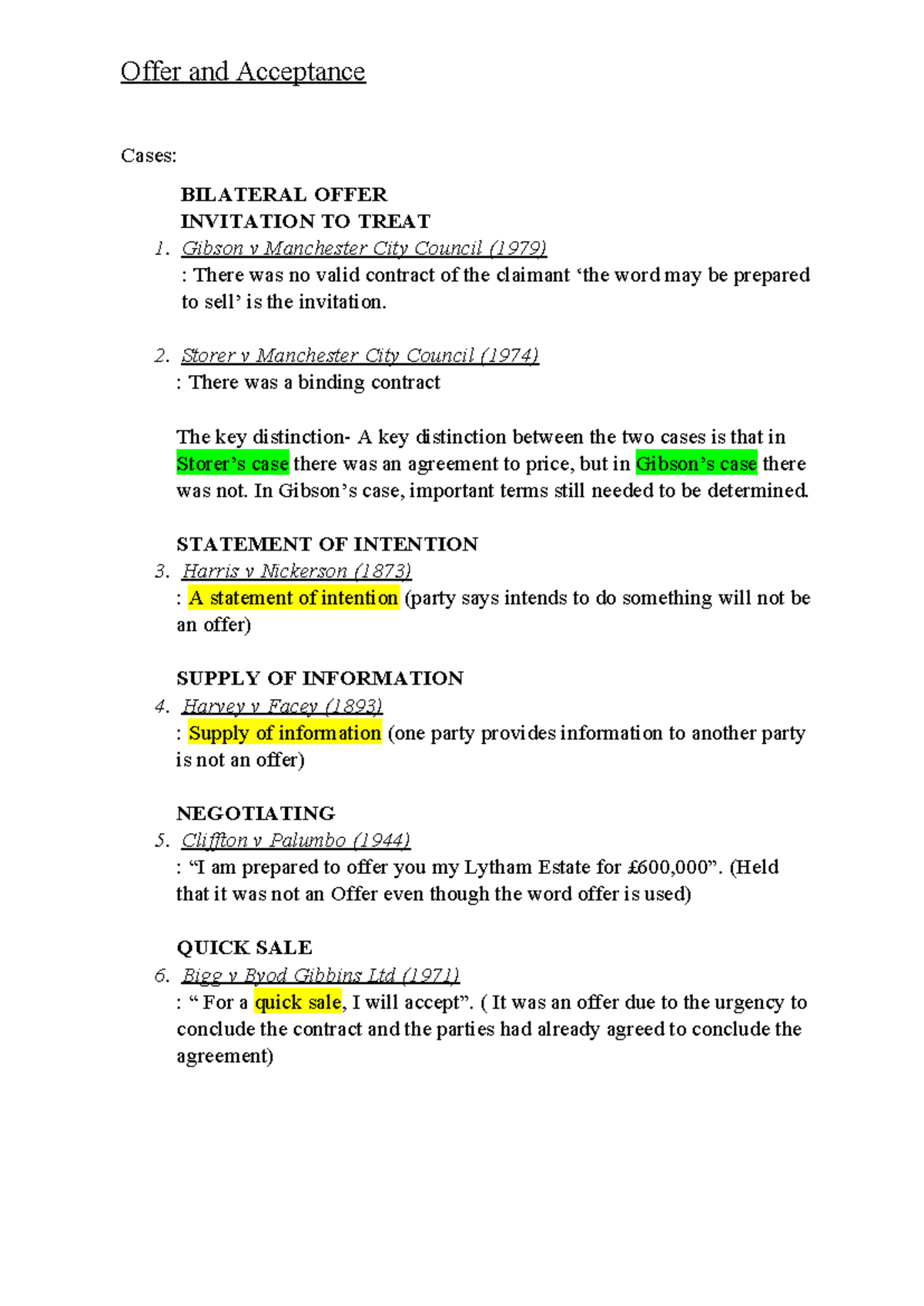 Template offer and acceptance - Offer and Acceptance Cases: BILATERAL ...